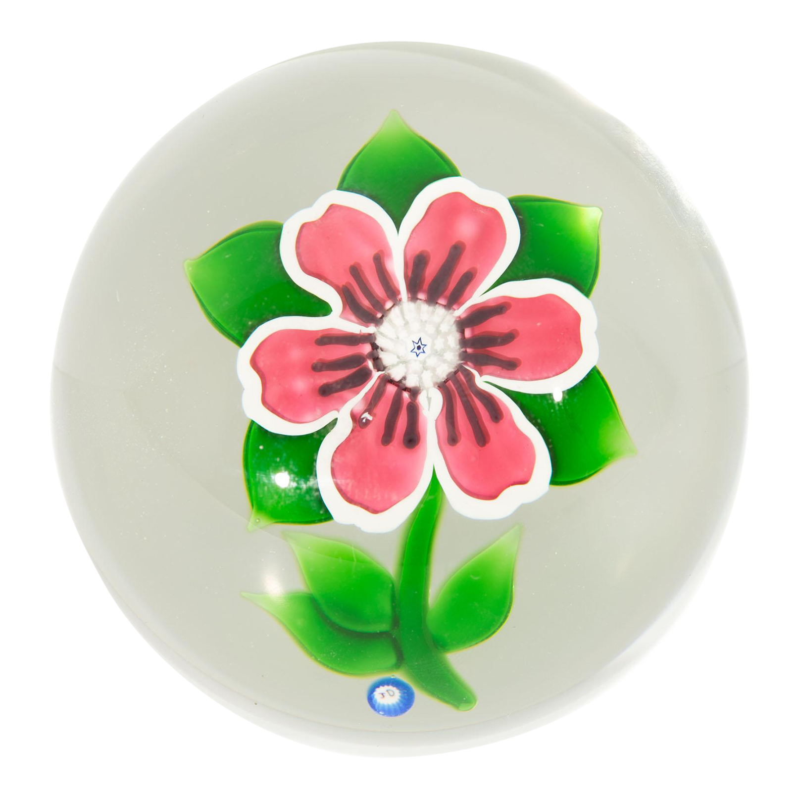 John Deacons Art Glass Paperweight With Pink Flower | Chairish