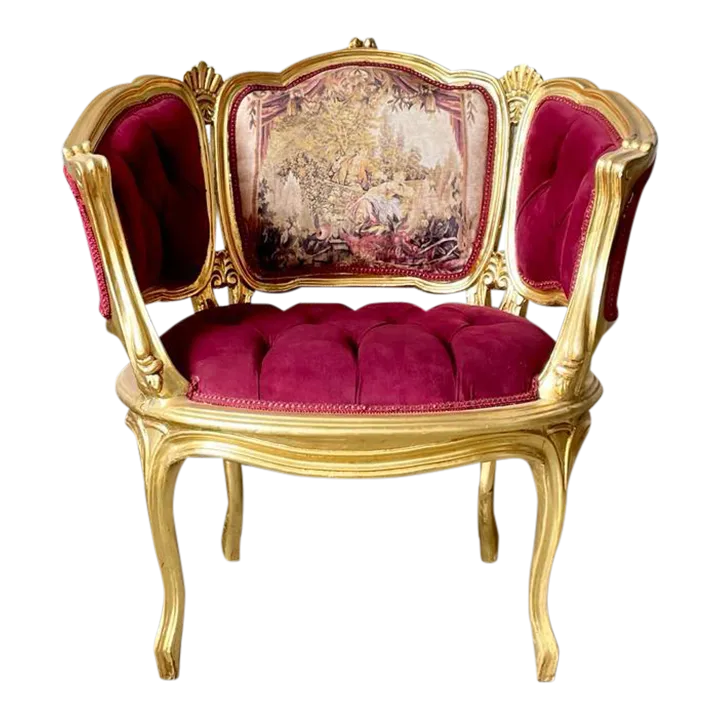 French Rococo Style Burgundy Damask Chair | Chairish