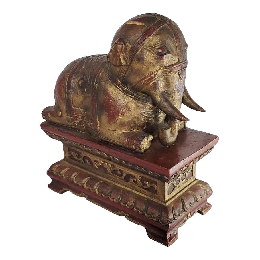 Antique Wooden Chinese Young Elephant Resting on Plinth Statue | Chairish