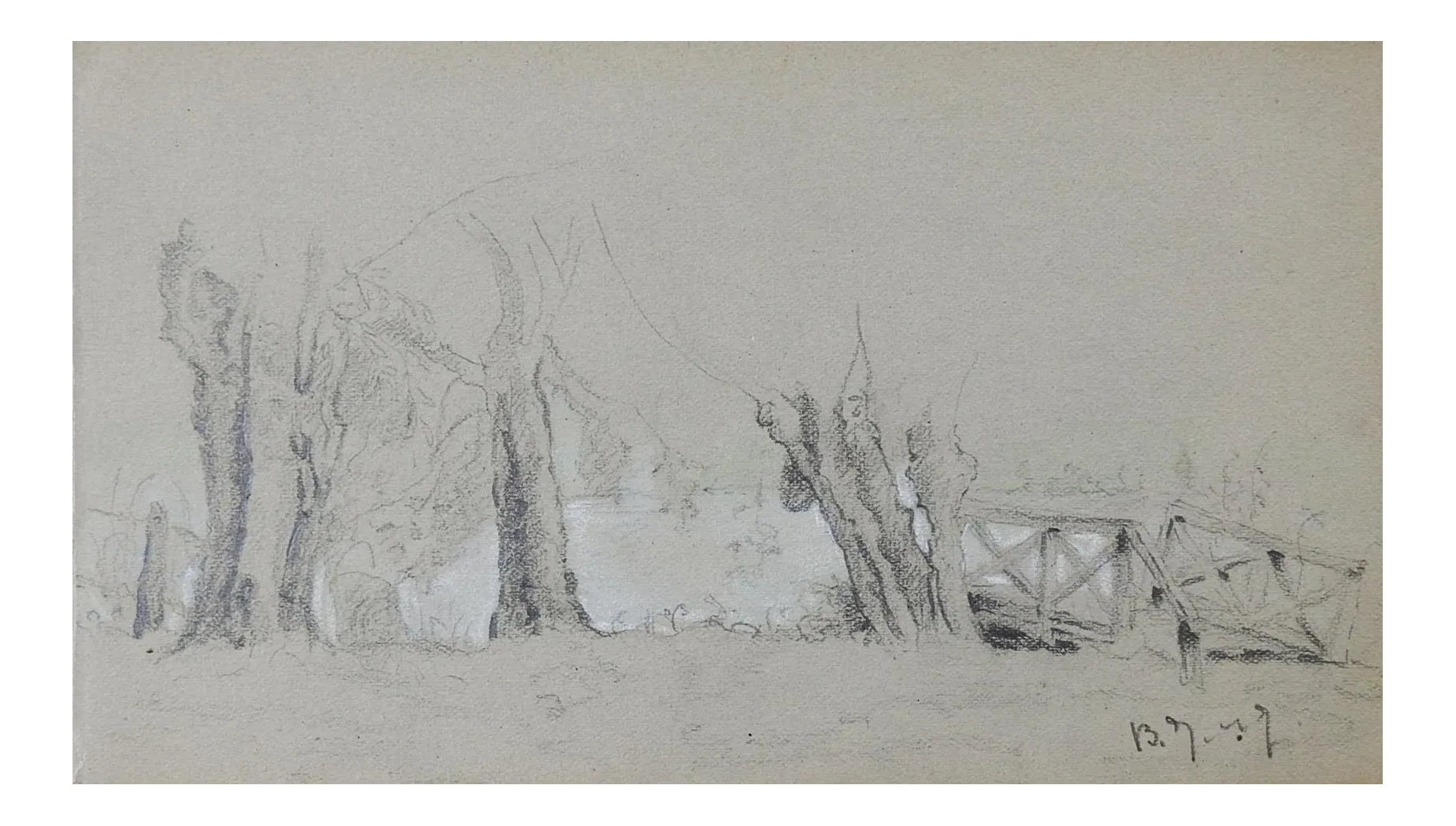 Small Antique Rustic Bridge & Stream Pencil Drawing | Chairish