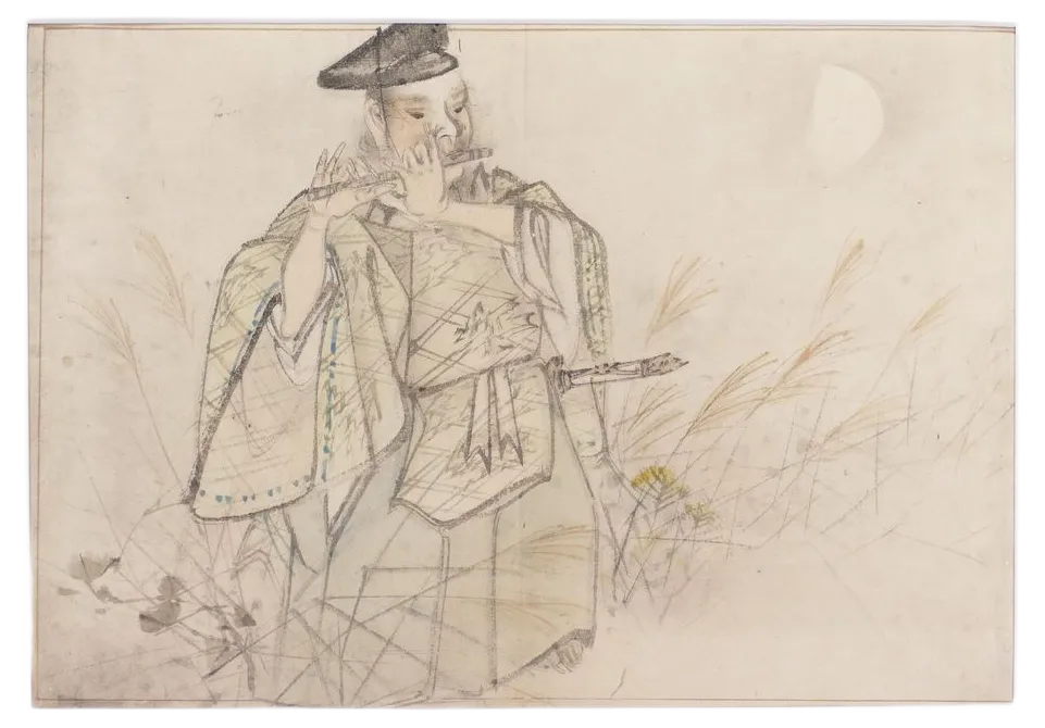 Samurai Playing Flute - Mixed Media by Matsumura Keibun School - 1800 ...