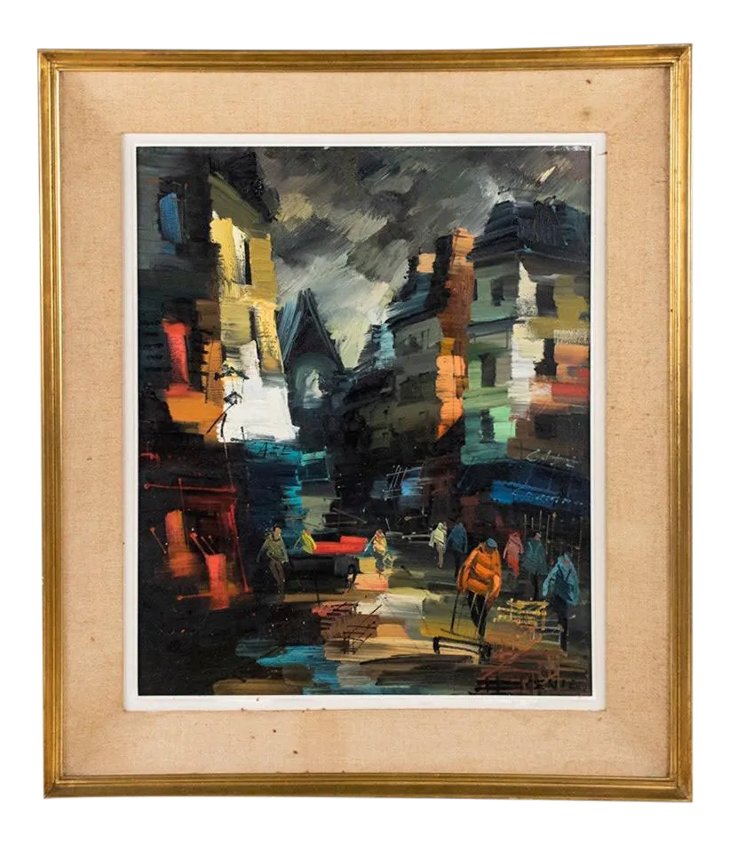 Street View at Night in Paris Oil on Canvas by Boris Cenic | Chairish