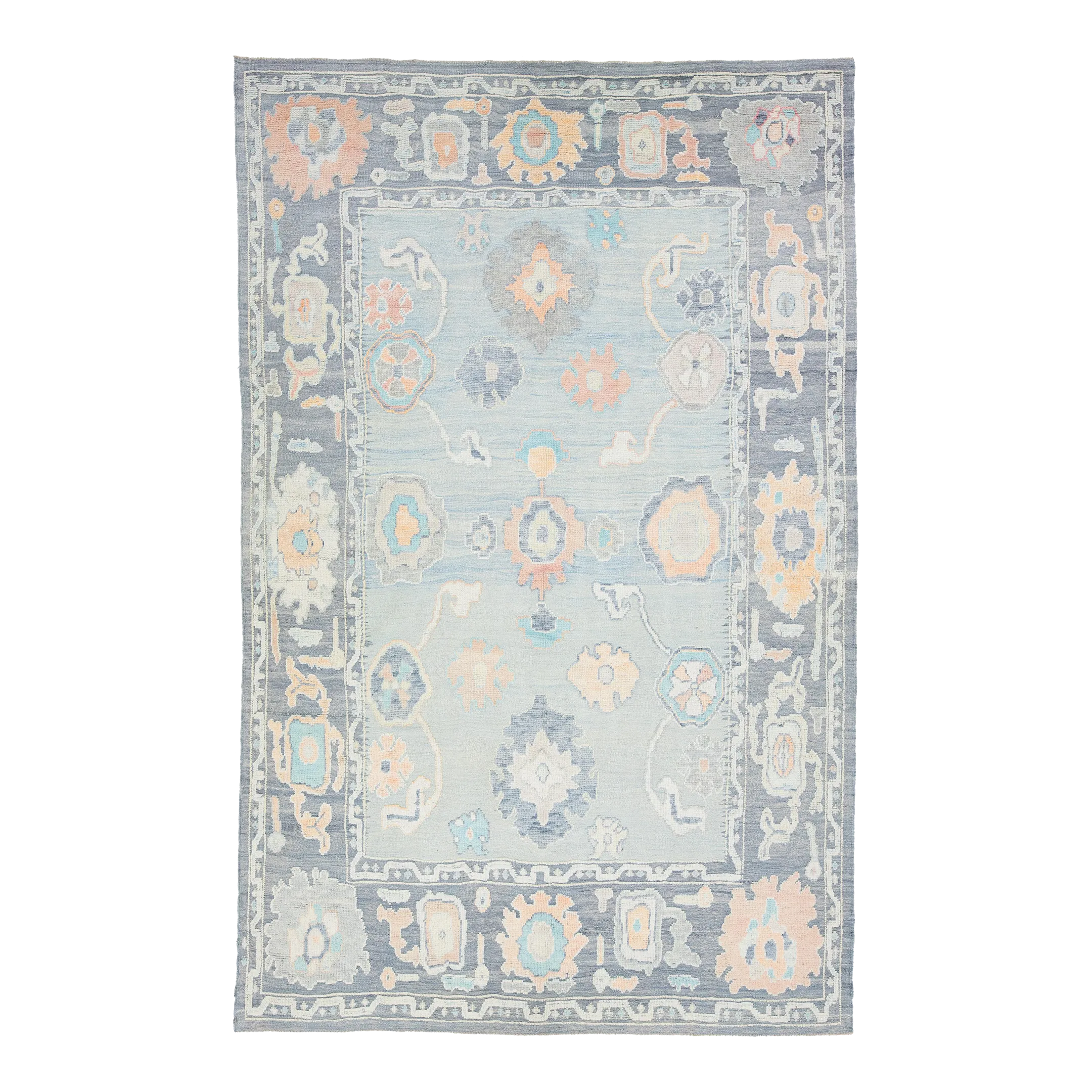 Modern Light Blue Turkish Oushak Wool Rug With Allover Floral Motif ...