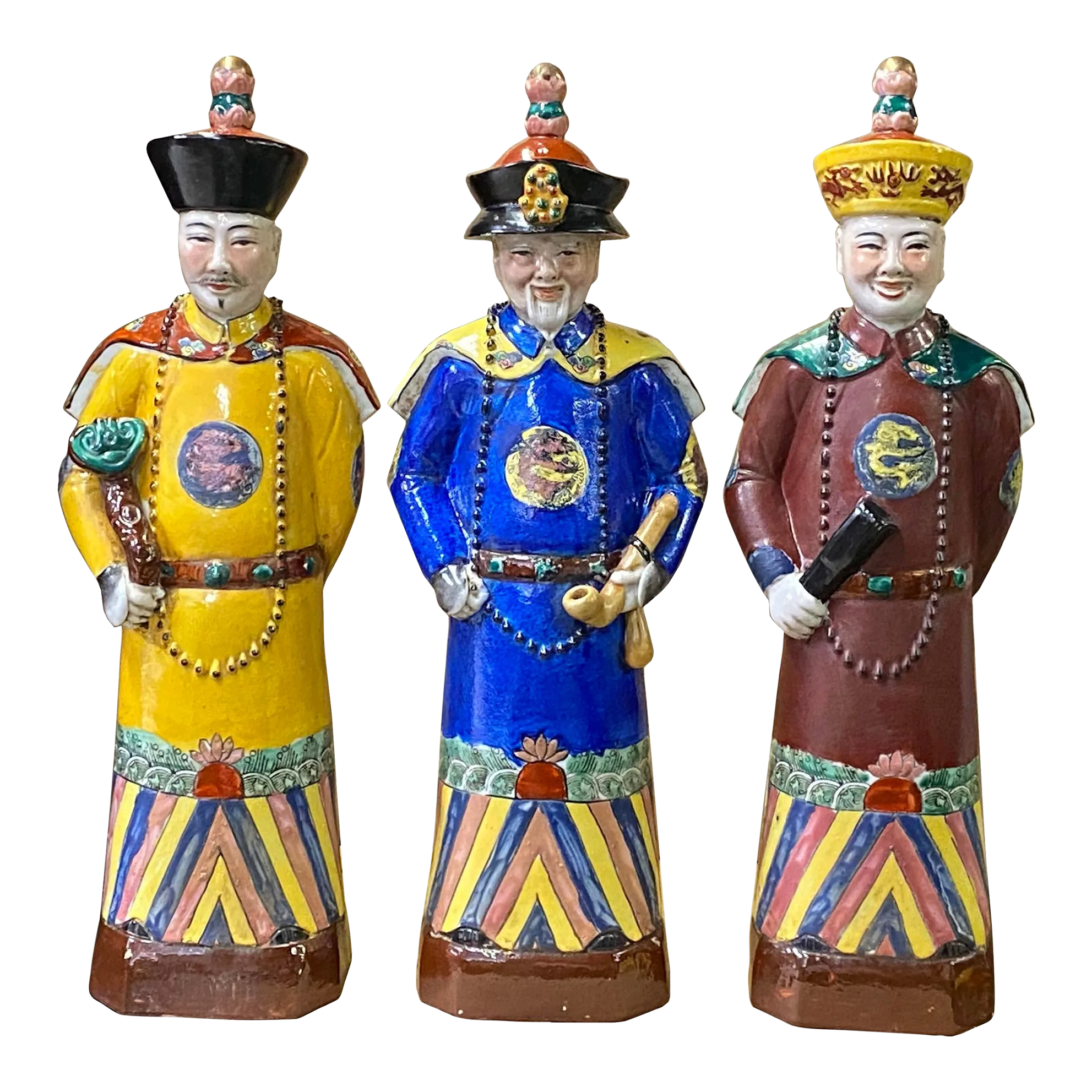 Chinese Color 3 Standing Ching Qing Emperor Kings Figure Set | Chairish