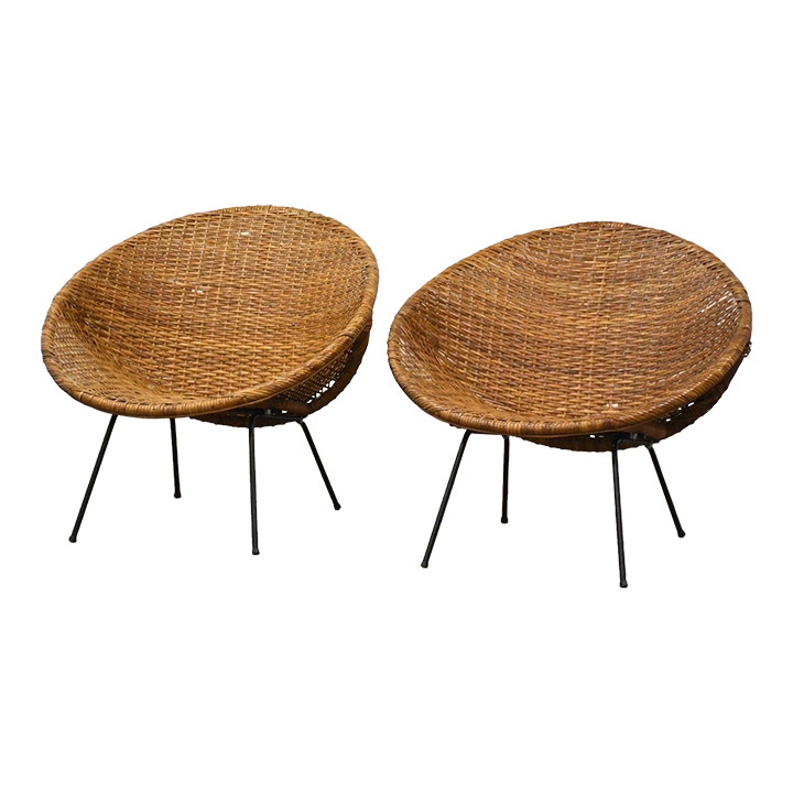 1960s Wicker and Iron Bucket Lounge Chairs - a Pair | Chairish
