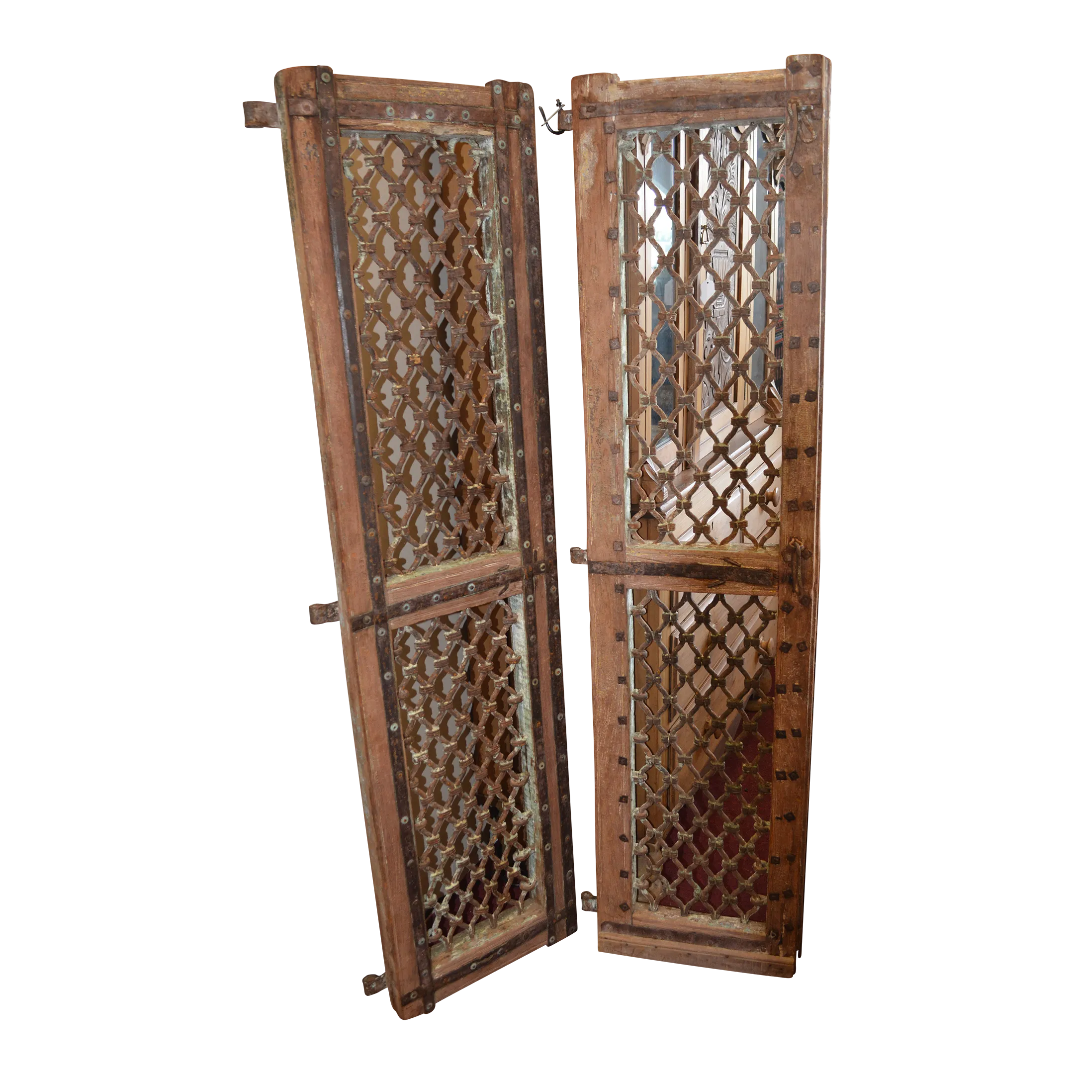 Pair 1900s Gothic Medieval Heavy Wood & Iron Lattice Spanish / European ...