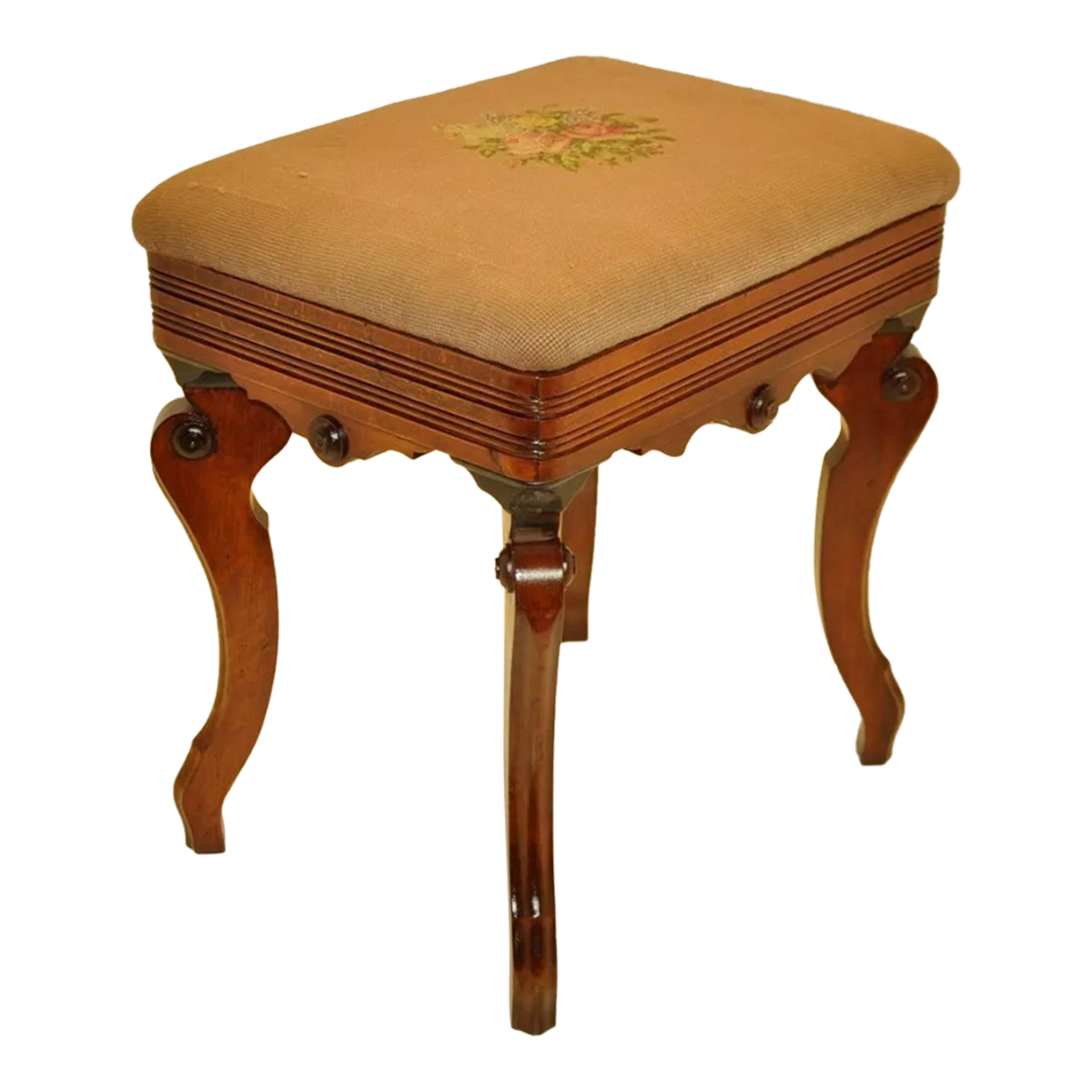 19th Century Victorian Walnut Briggs Adjustable Piano Bench Stamped Original Needlepoint