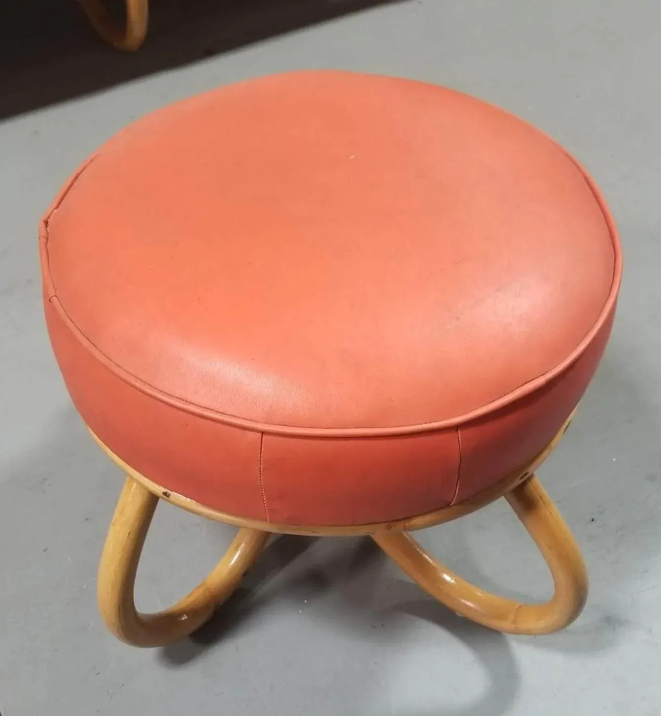 Restored Coral Orange Naugahyde Footstool