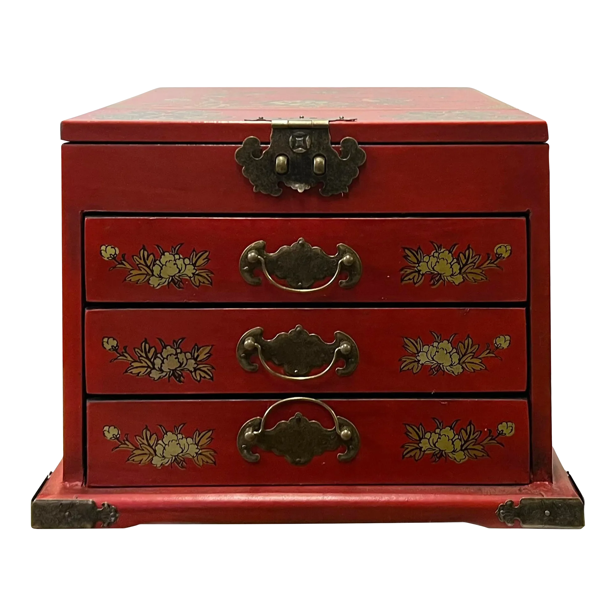 Chinese Oriental Red Flower Birds Mirror Rectangular Jewelry Box | Chairish