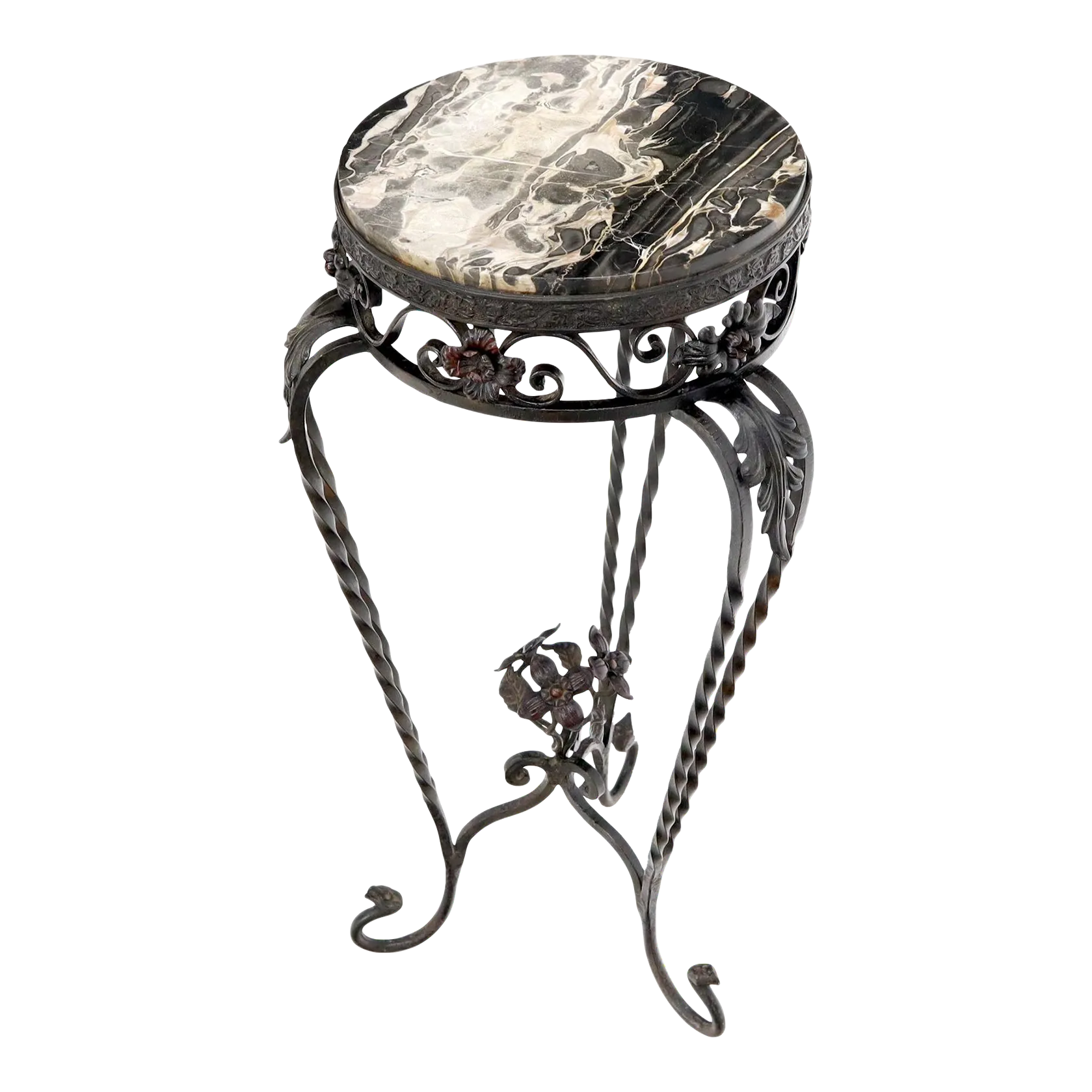 Round Black & White Marble Top Wrought Iron Pedestal Stand Table | Chairish