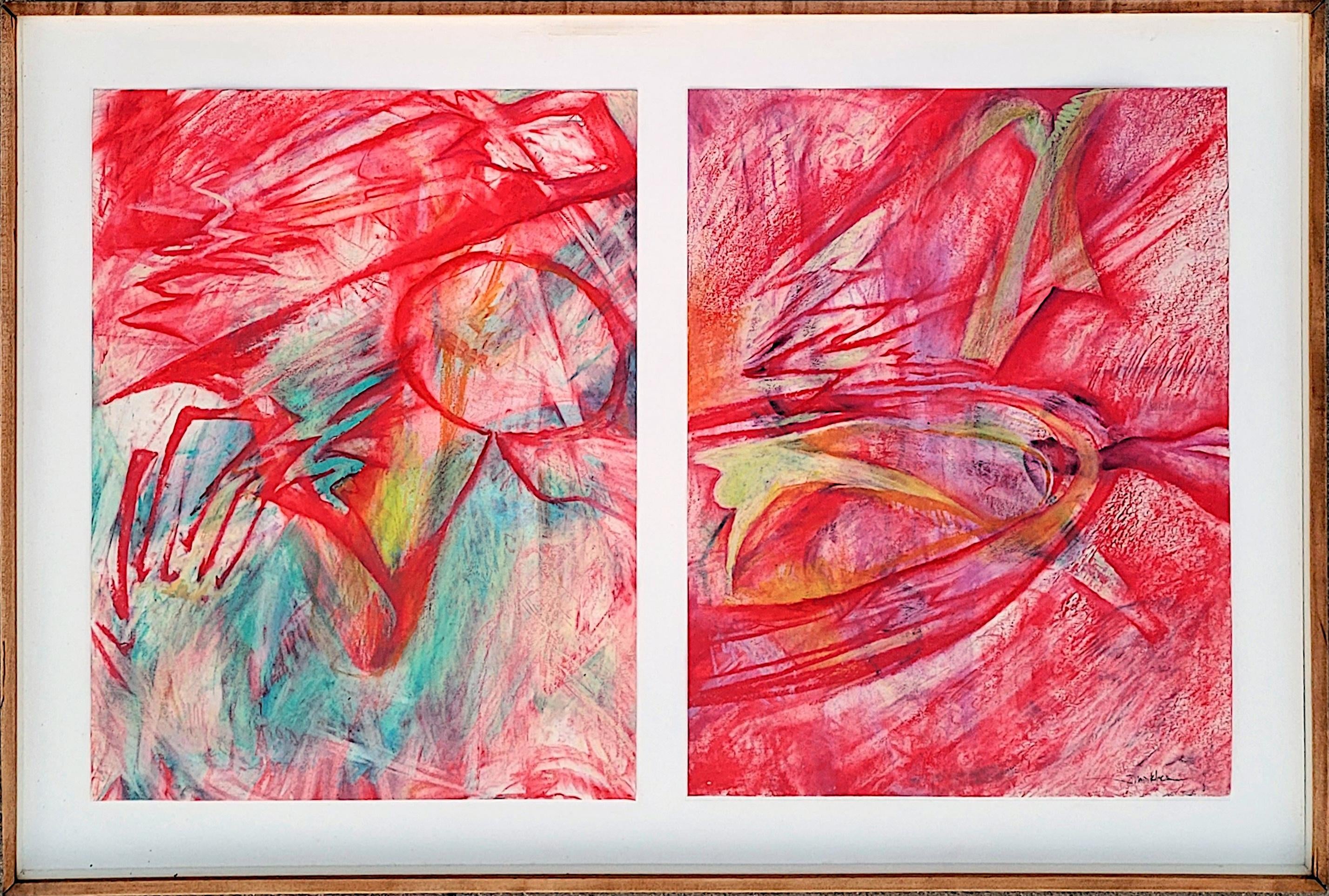 Signed 1990's Abstract "City Baby" Oil Painting Pastel Drawing Diptych ...