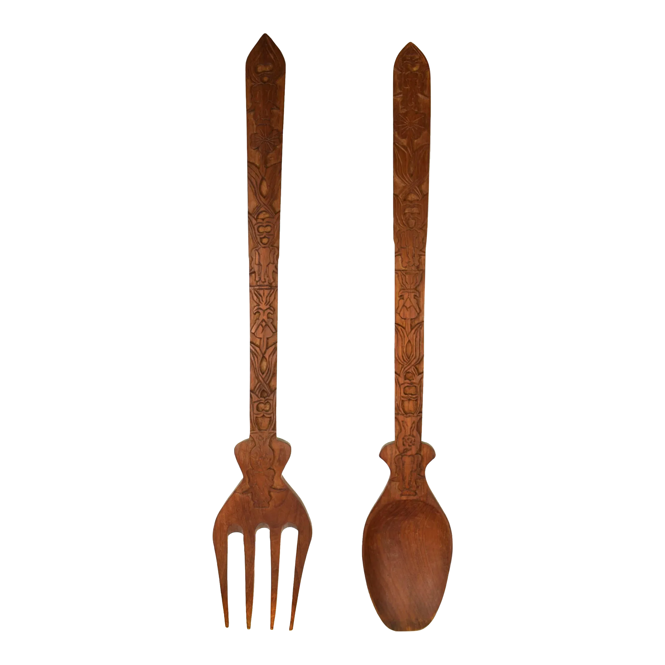 Mid 20th Century Tall Solid Wood Hand Carved Fork and Spoon With ...