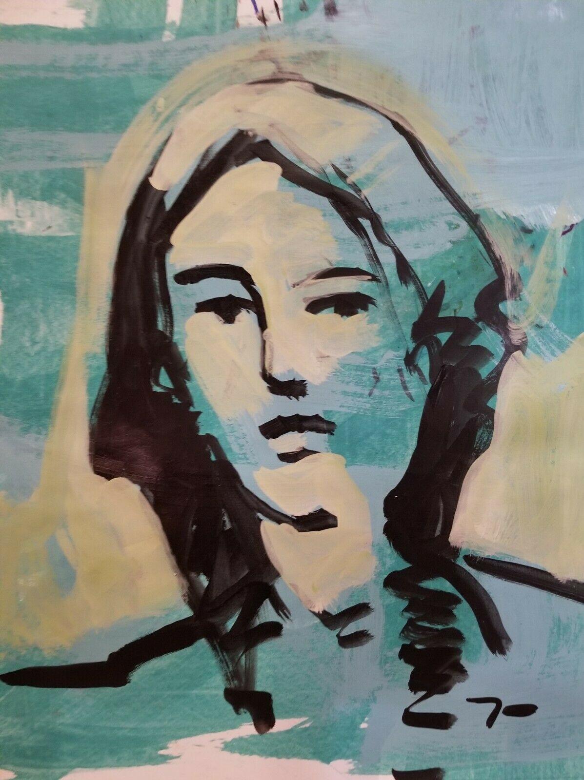 Blue Acrylic Abstract Portrait Painting | Chairish