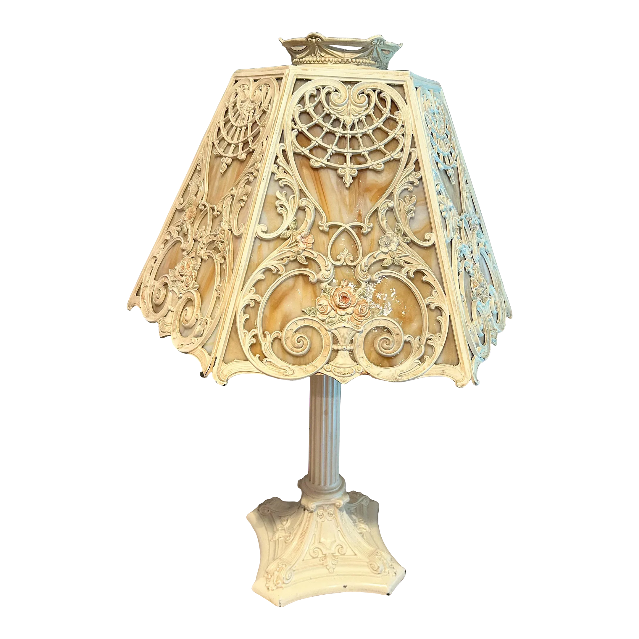 Antique 1900’s Slag Glass Iron Ornate Scroll and Roses Dual Bulb Lamp ...