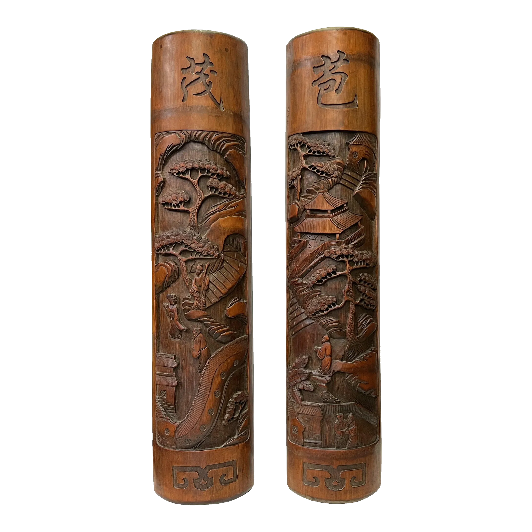 Pair Hand Carved Chinese Bamboo Calligraphy Landscape Panel | Chairish