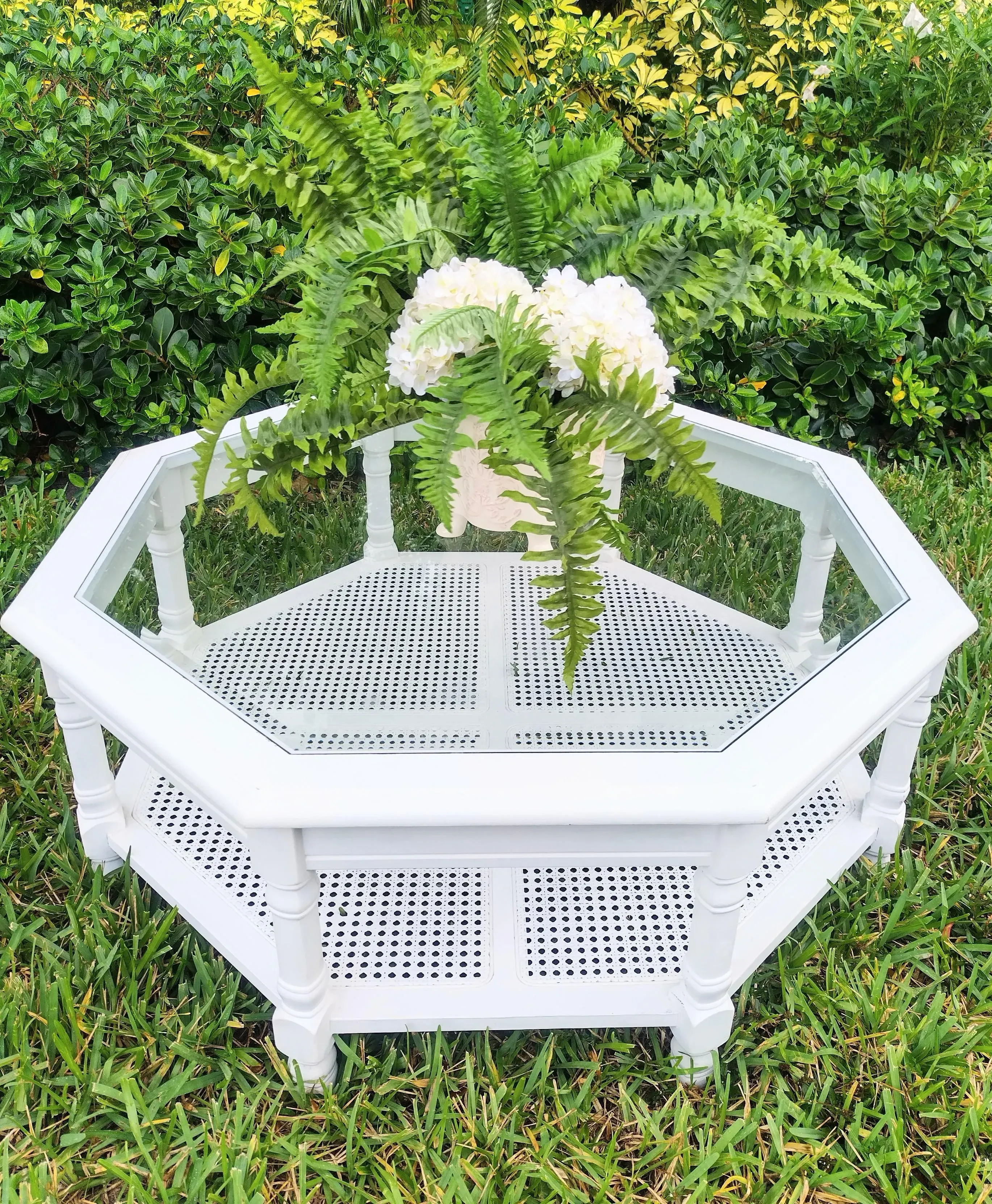 Vintage White Octagonal Glass Top Palm Beach Regency Cane Bottom Coffee Table