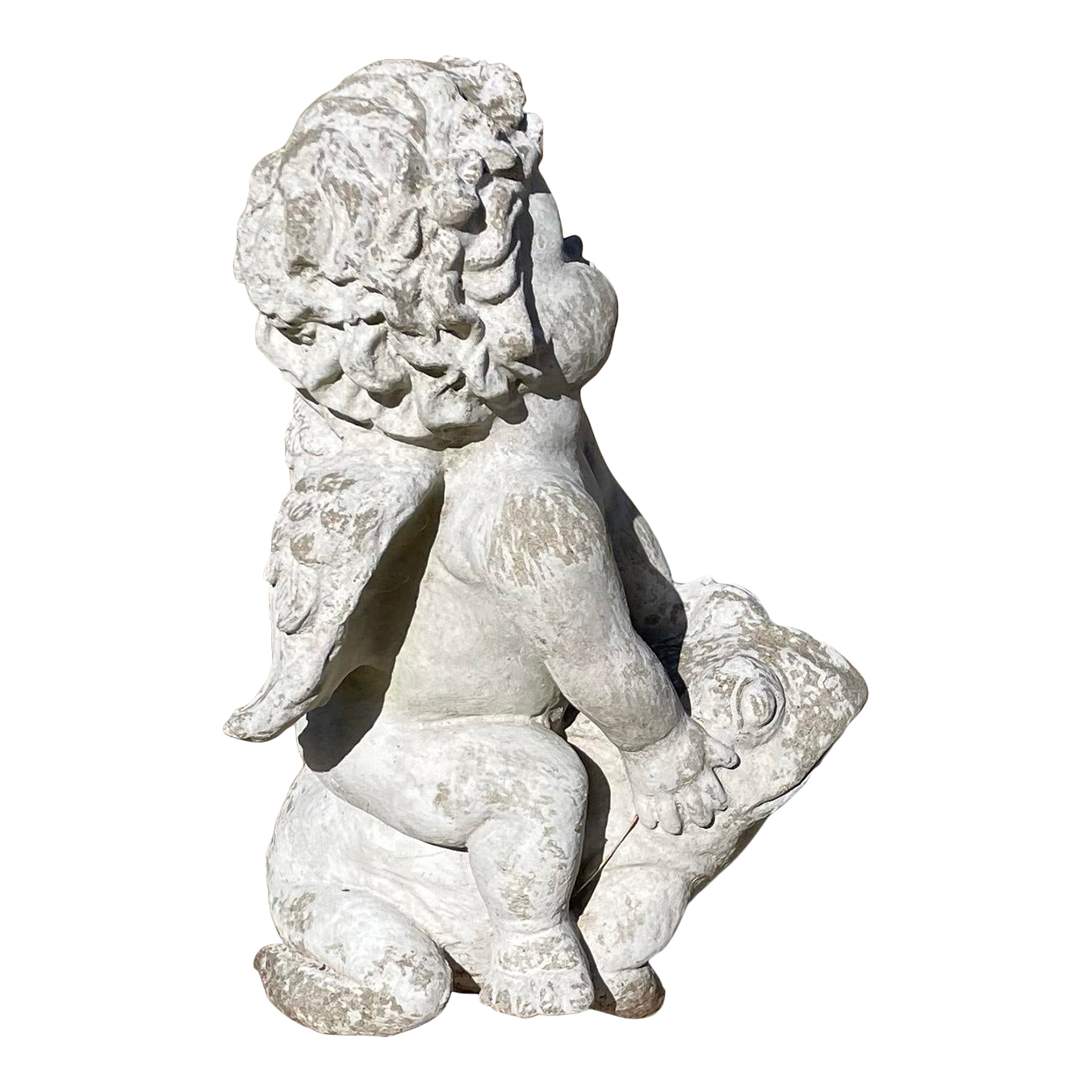 Vintage Concrete Cherub Riding on a Frog Garden Ornament | Chairish