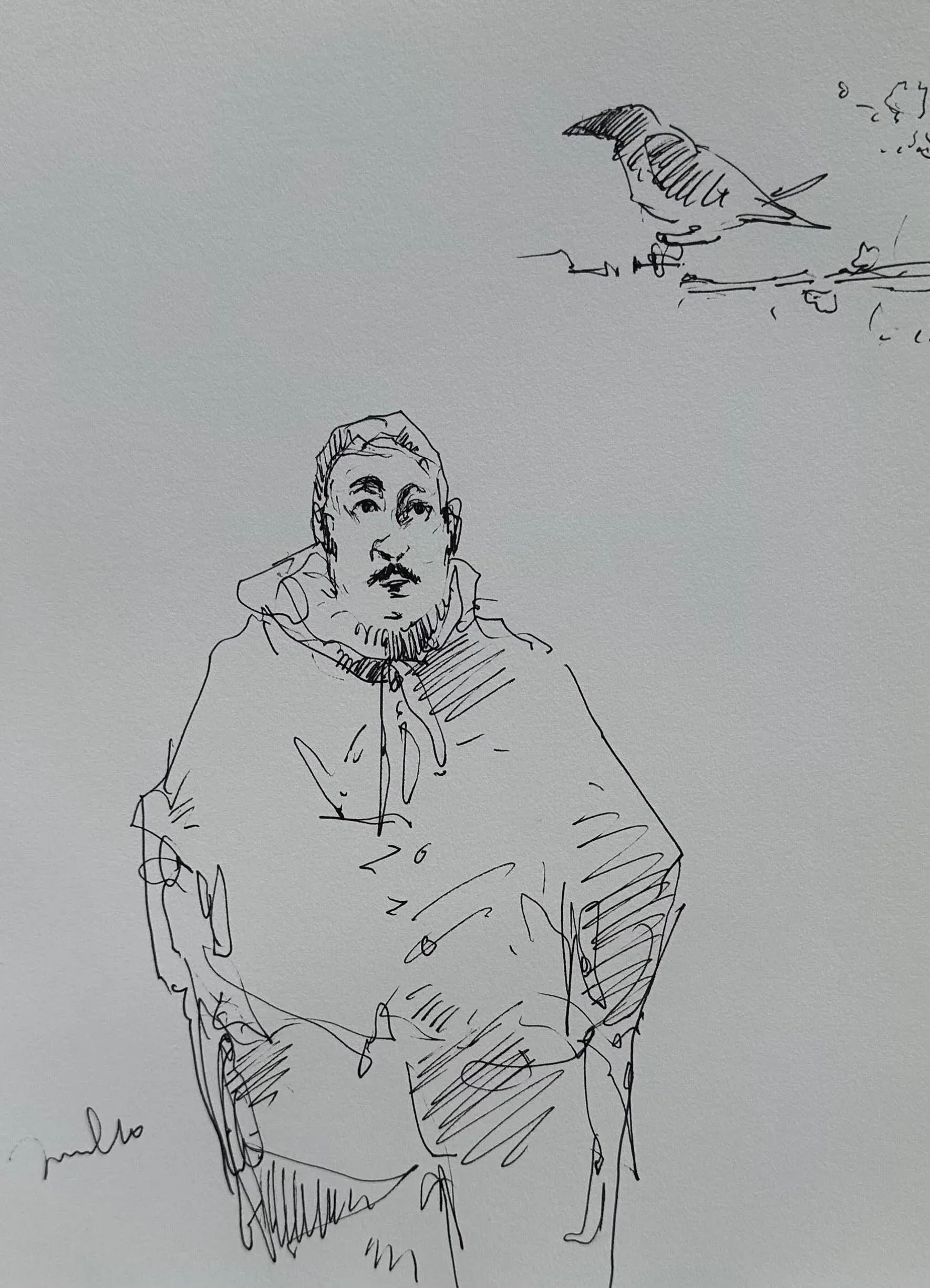 Jose Trujillo Expressionist Pen Ink Paper Drawing of Person and Bird ...