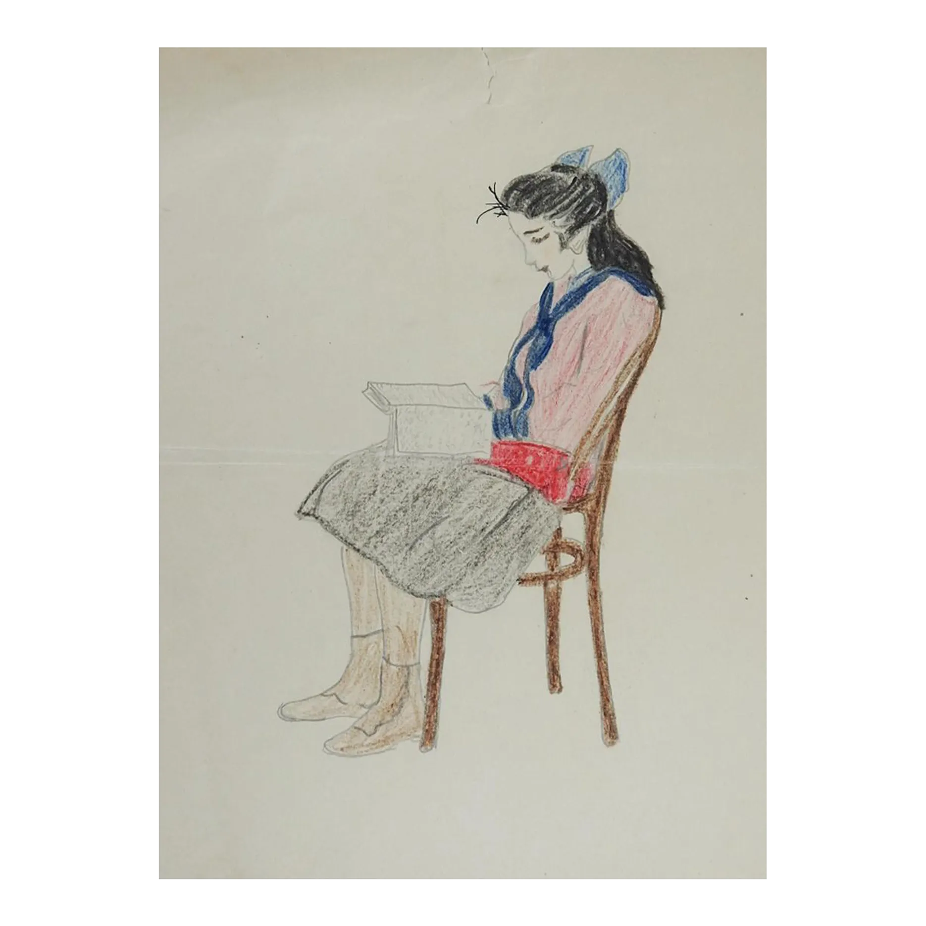 Vintage 1920s Portrait Drawing of School Girl | Chairish