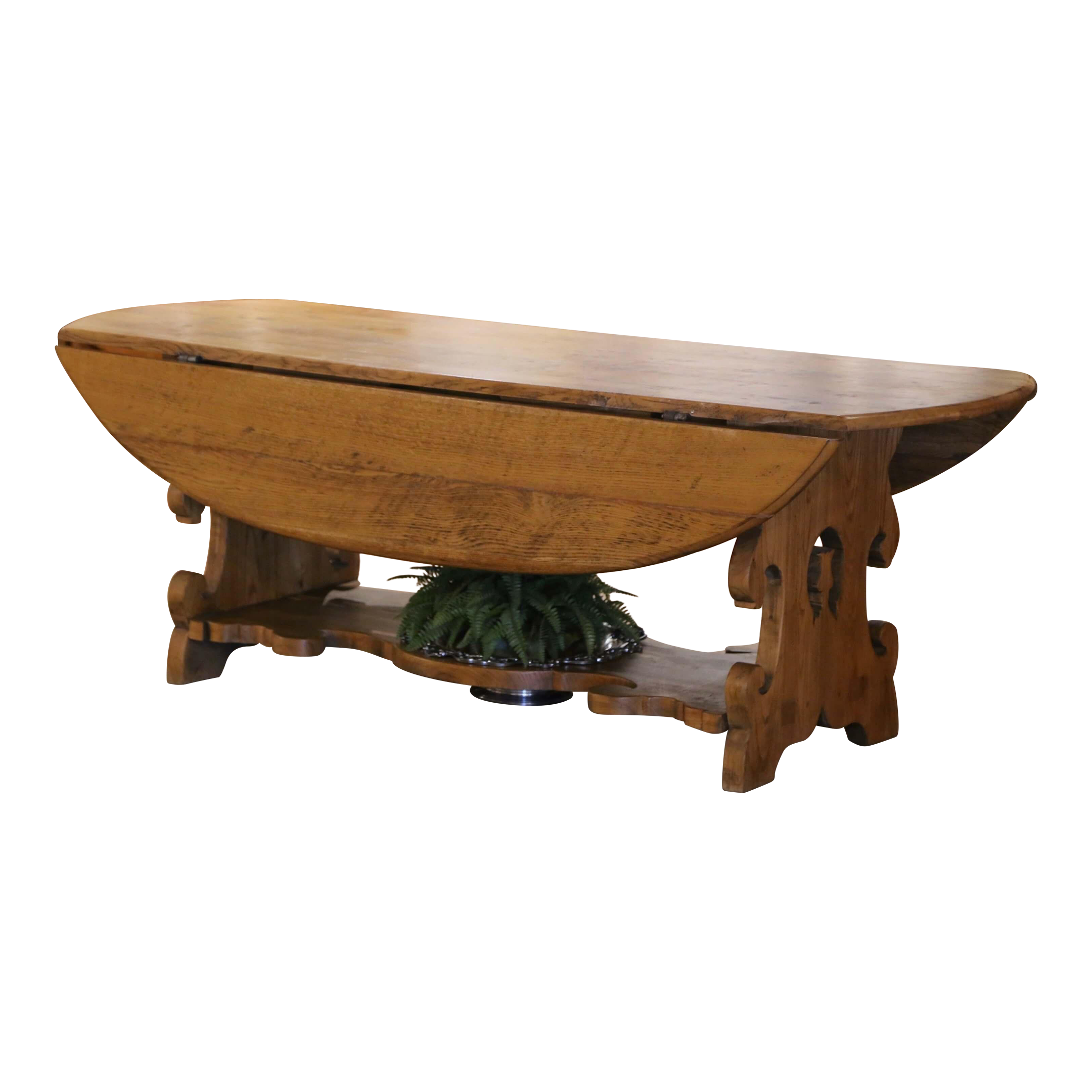 19th Century French Carved Oak Drop-Leaf Oval Table on Trestle Base ...
