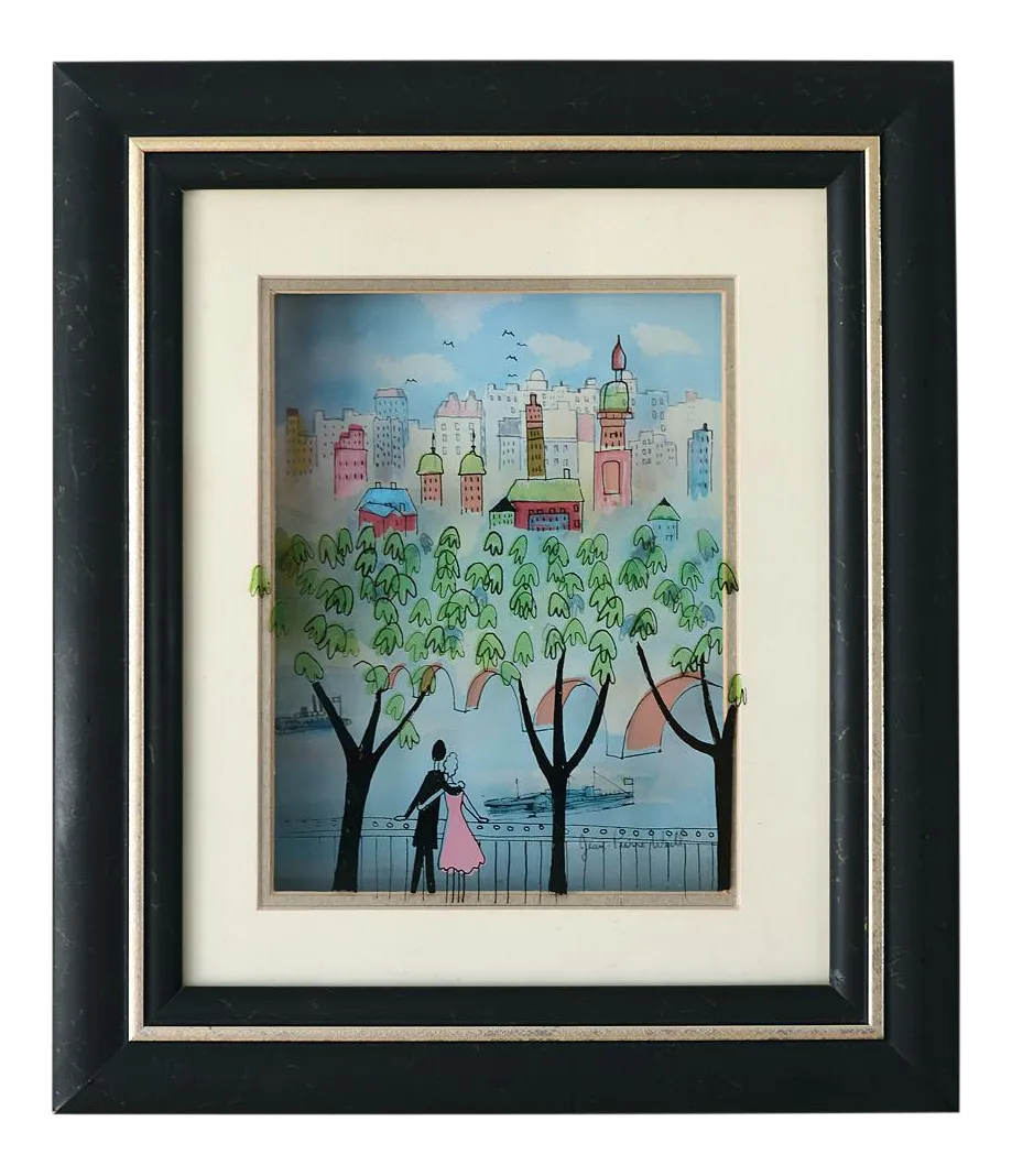 1990s Mid-Century Modern Scenic Cityscape 3-D Vitreography Painting by ...