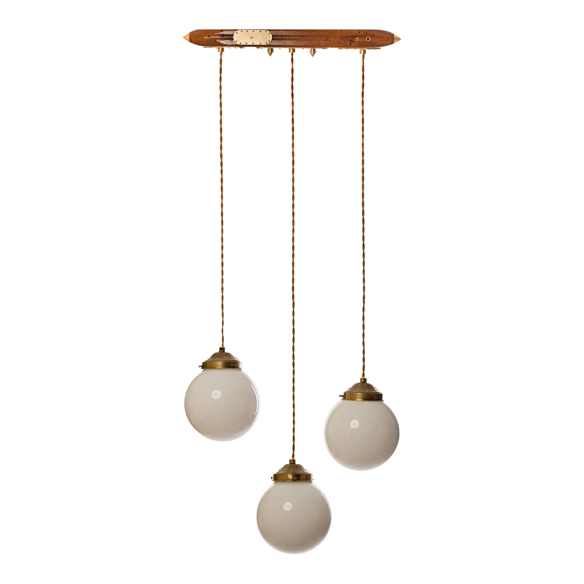 Wood & Brass Cluster Pendant Light With 3 White Opal Globe Pendants ...