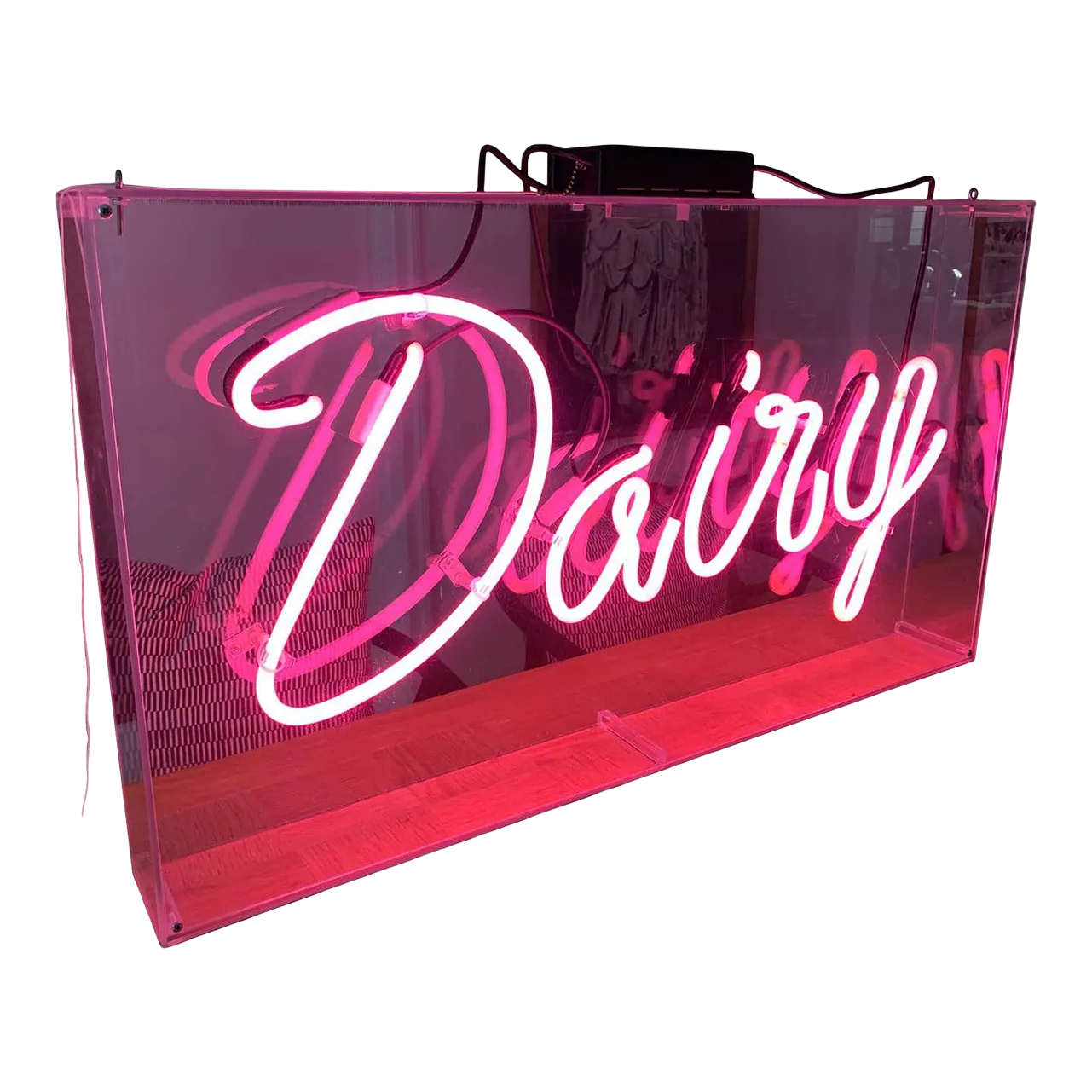 Vintage Pink Neon Dairy Sign in Hanging Lucite Box | Chairish