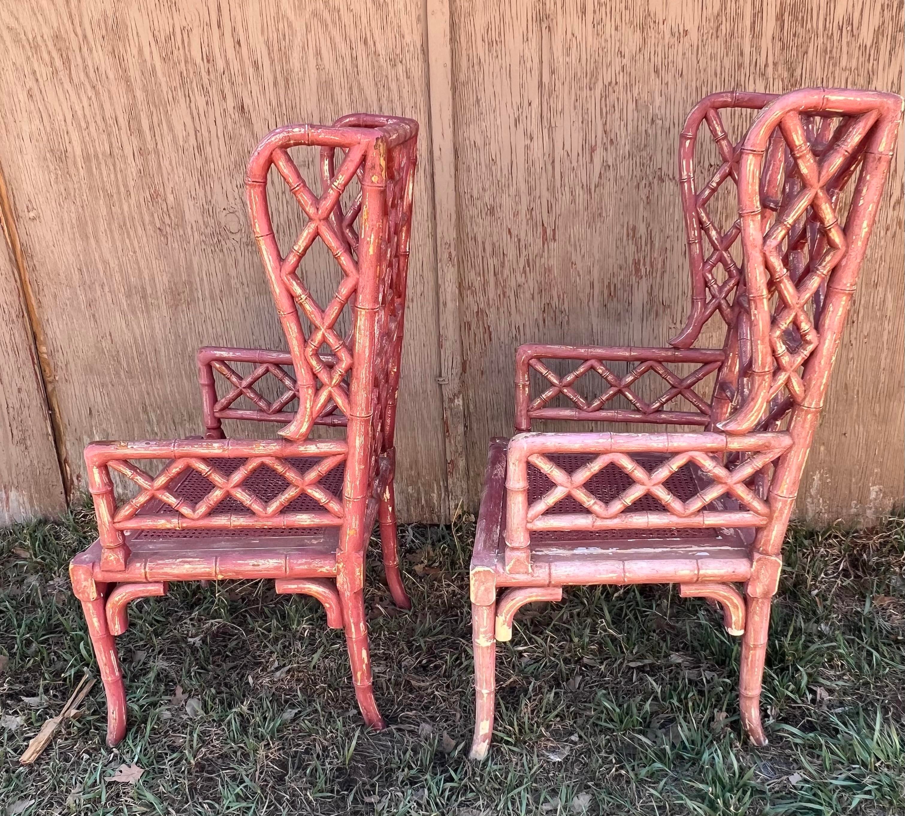 Chinoiserie Faux Bamboo Wingback Chairs Guildmaster Distressed Red Double Rattan Seat Set of 2