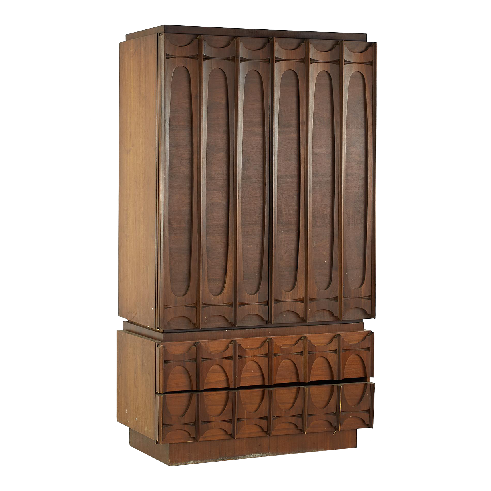 Tobago Brutalist Mid Century Walnut Armoire Highboy Dresser | Chairish