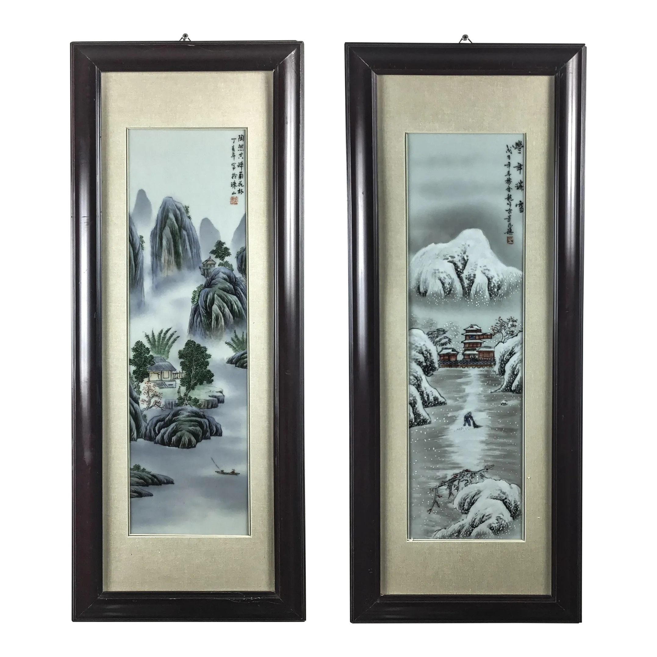 Framed Artist Signed Vintage Paintings on Porcelain - a Pair | Chairish