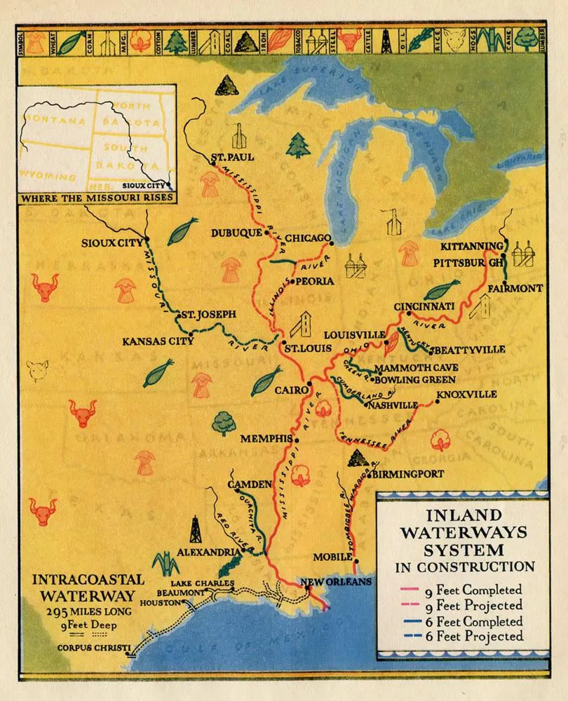 1931 Inland Waterways System Original Map | Chairish