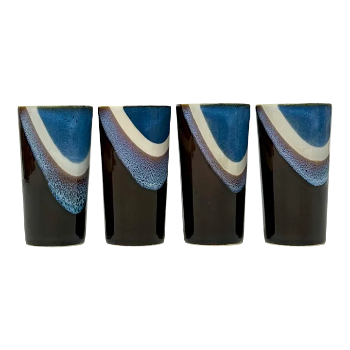 Artisanal 1970s-Style Brown and Blue Ceramic Beakers - Set of 4 | Chairish