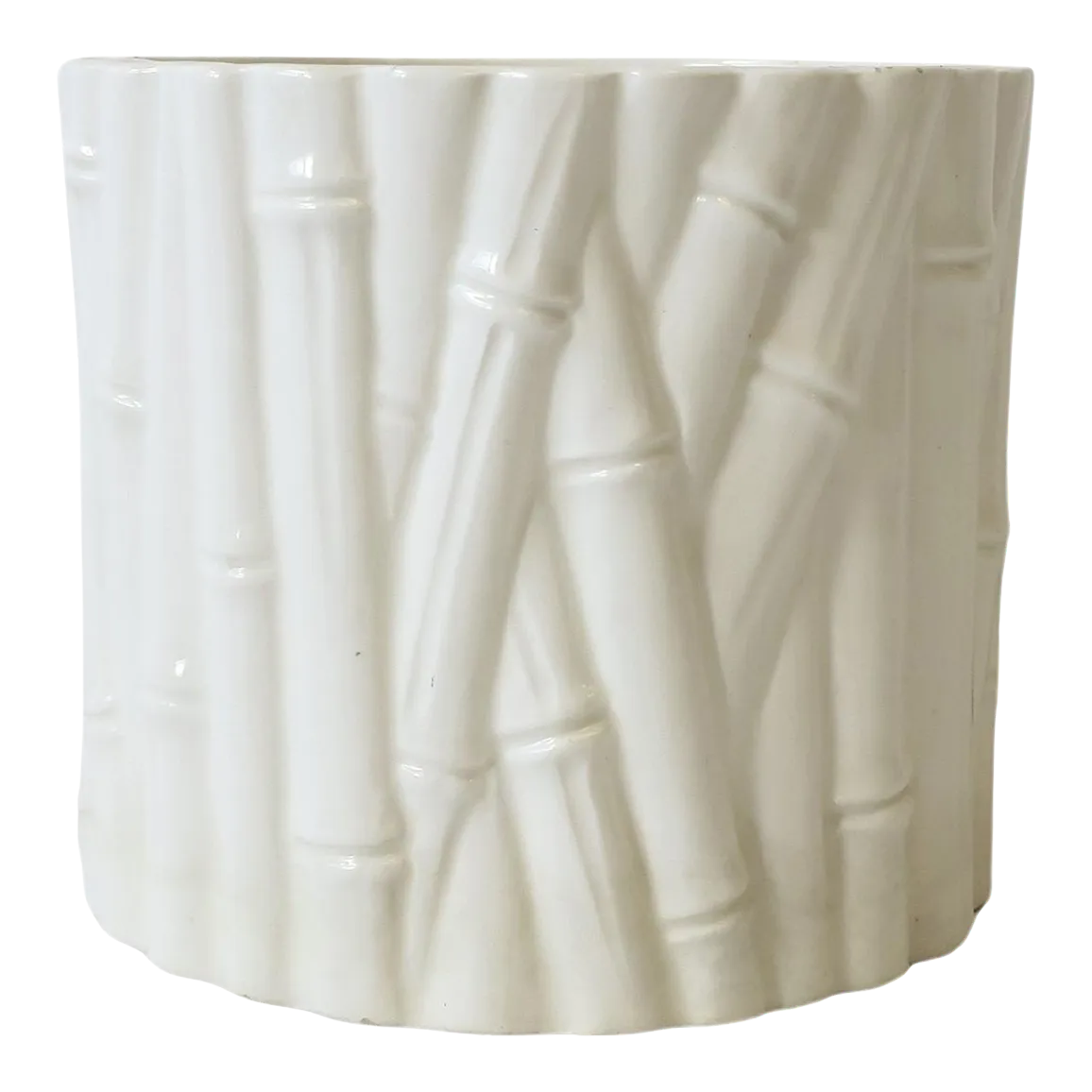 White Ceramic Cachepot or Jardiniere with Bamboo Design | Chairish