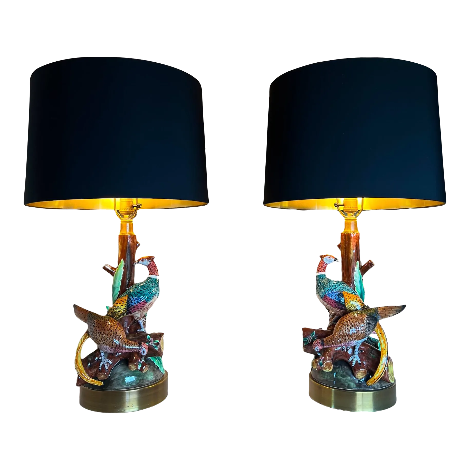 Pair of Late 19th Century Majolica Pheasant Table Lamps | Chairish