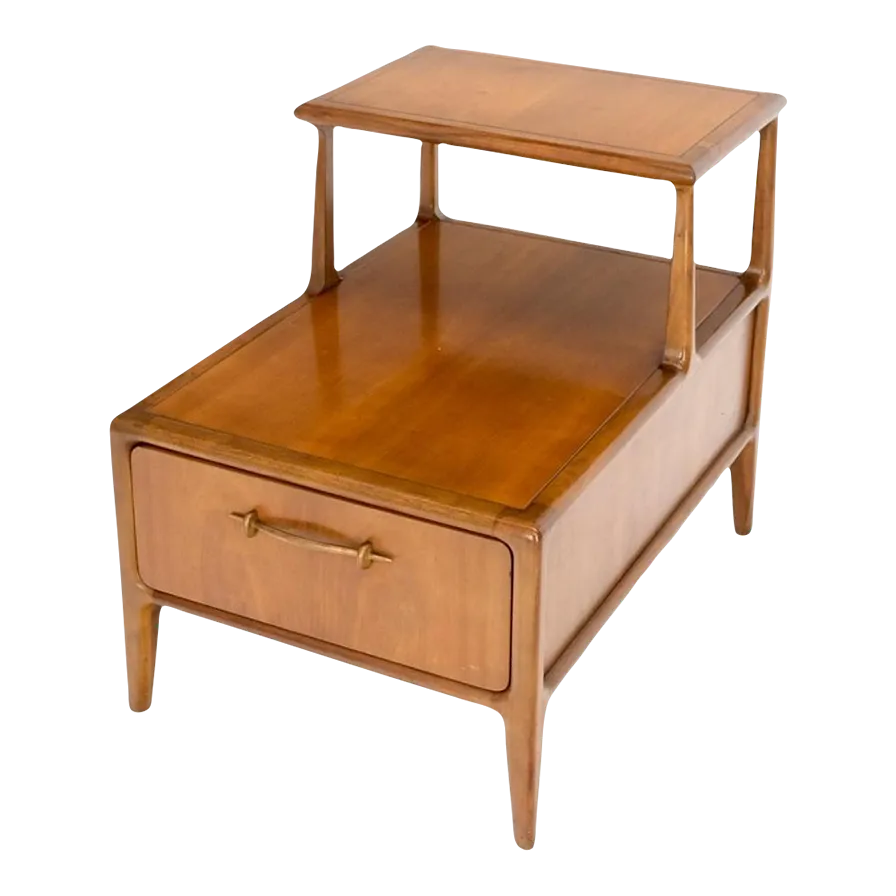 Henredon Solid Walnut Sculptural Two Tier One Drawer Step Side Table ...