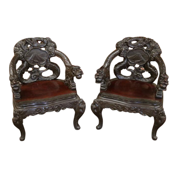 Pair of Antique Teak Japanese Meiji Carved Dragon Chairs | Chairish