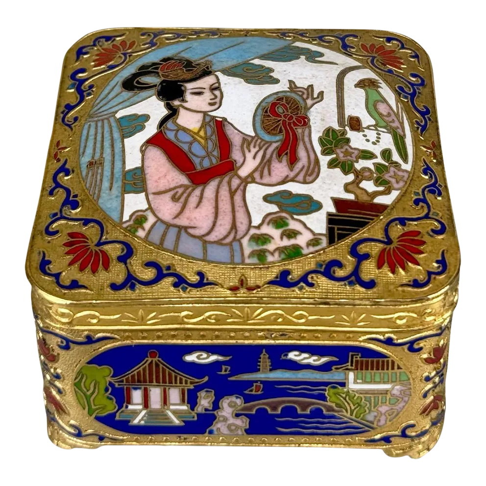 Vintage Chinese Cloisonne Brass & Enamel Figural Storage Box | Chairish