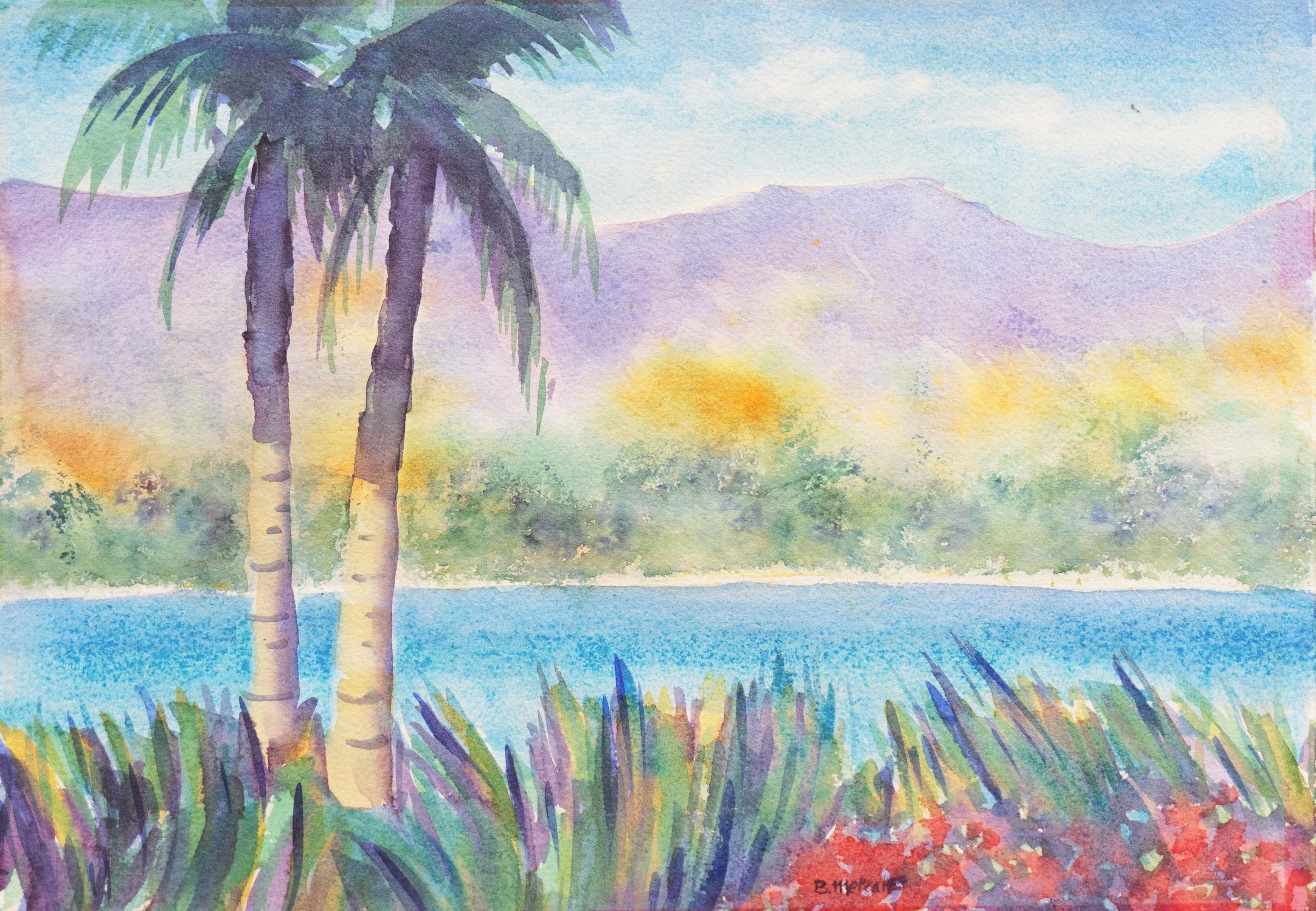 'Tropical Lagoon' by B. Metcalf, Impressionist Landscape With Palm ...