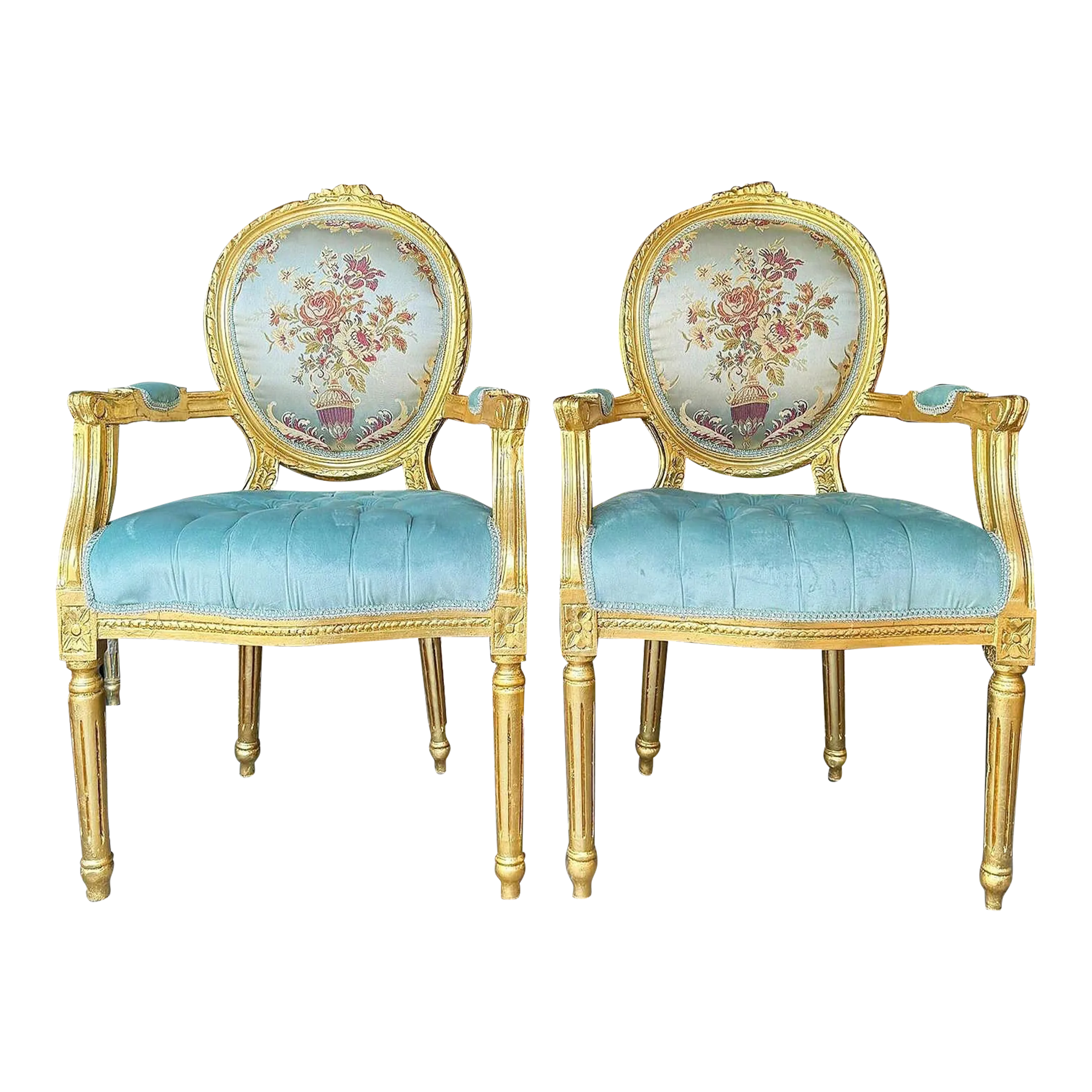 Tufted Chair Sky Blue Velvet French Rococo Style - Set of 2 | Chairish