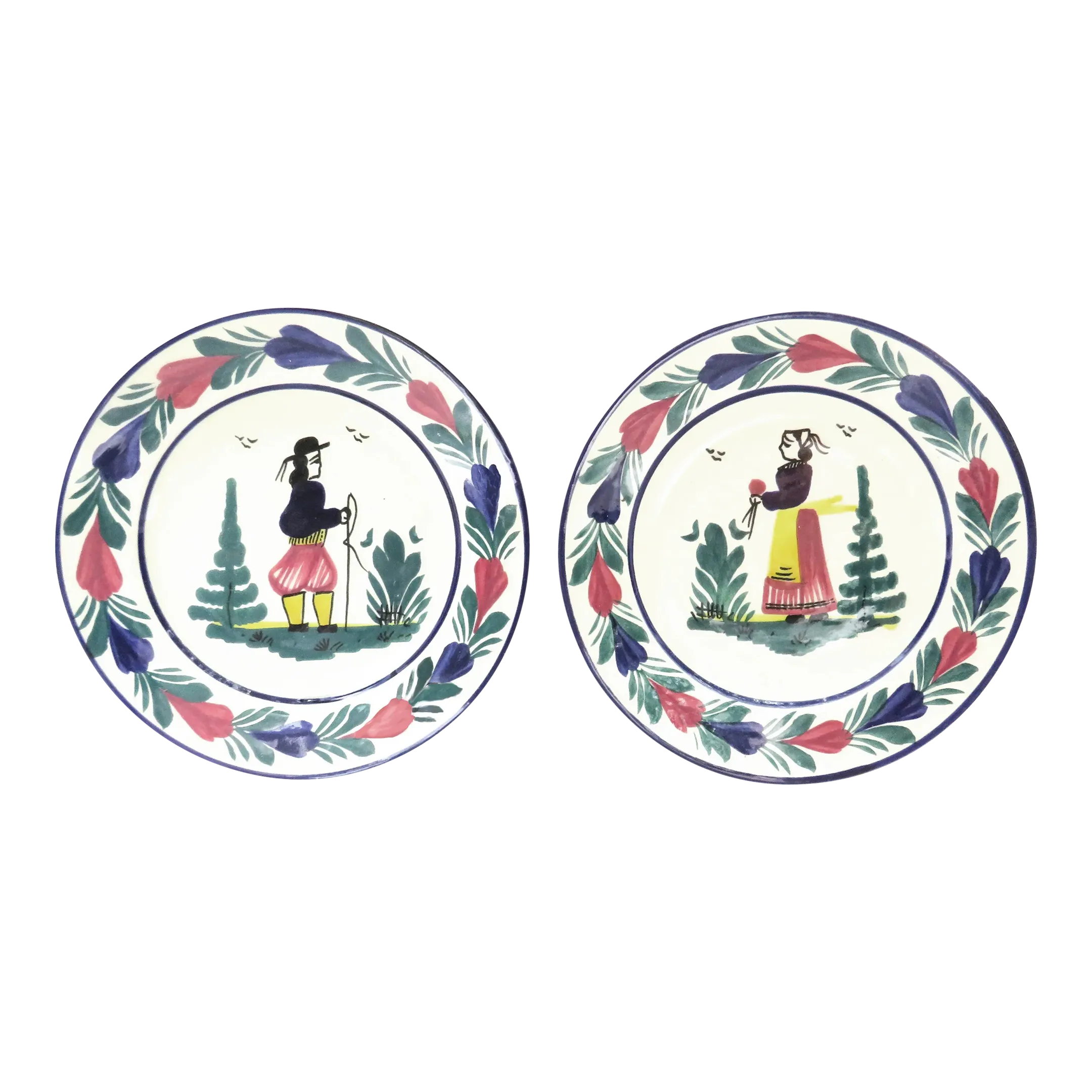 Vintage French Hb Quimper Mistral Campagne Faience Plates, Pair | Chairish