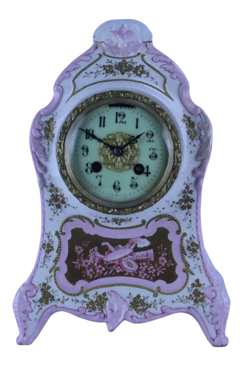 Pink Vintage Porcelain Mantle Shelf Clock Floral Design | Chairish