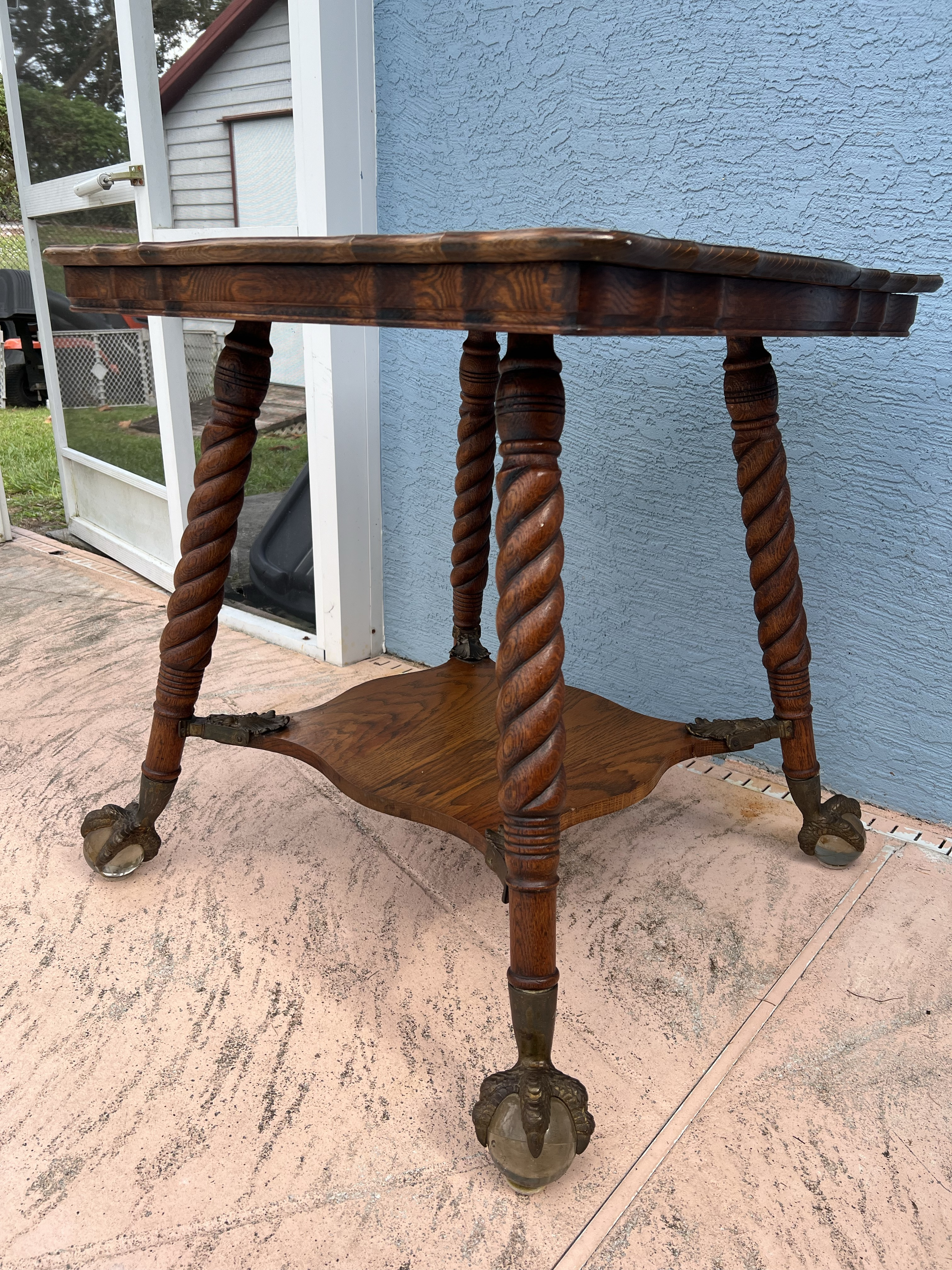 Antique Tiger Oak Table With Twisted Legs Claw With Glass Ball Feet Chairish
