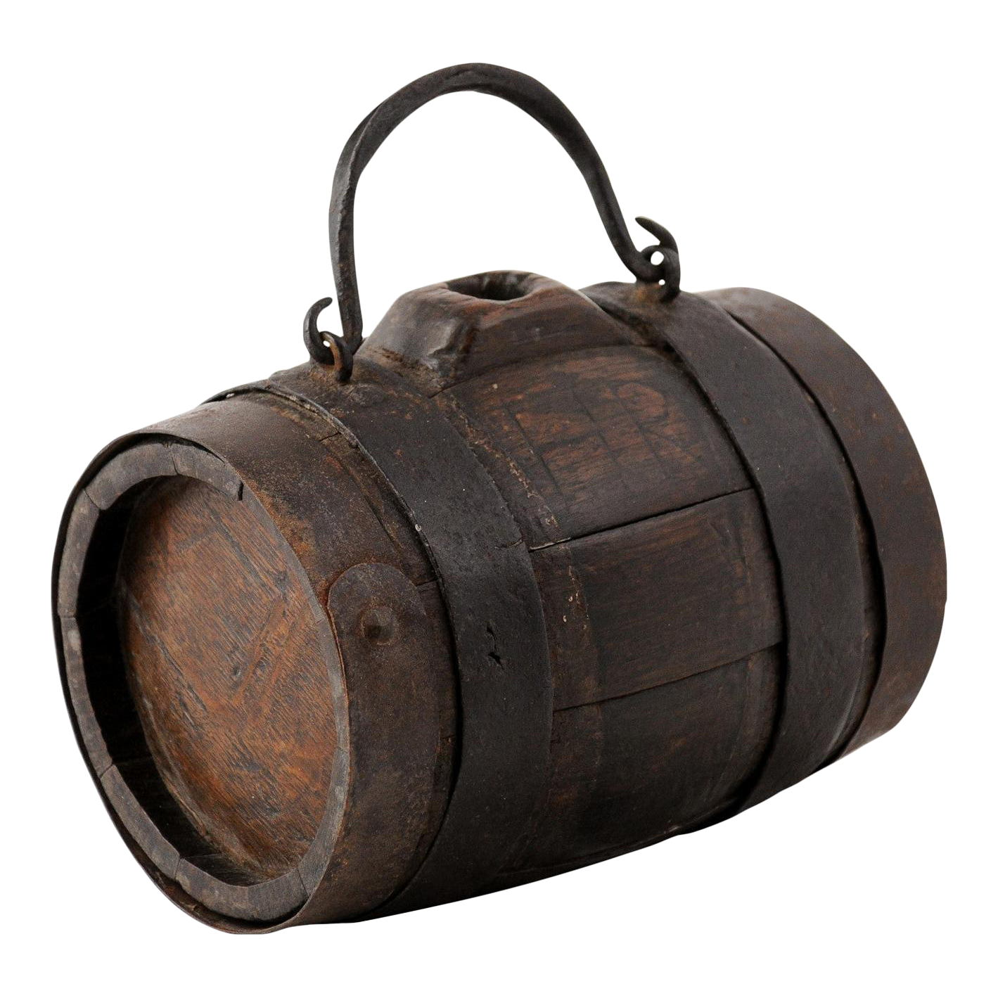 19th Century Rustic French Petite Decorative Barrel with Iron Handle ...