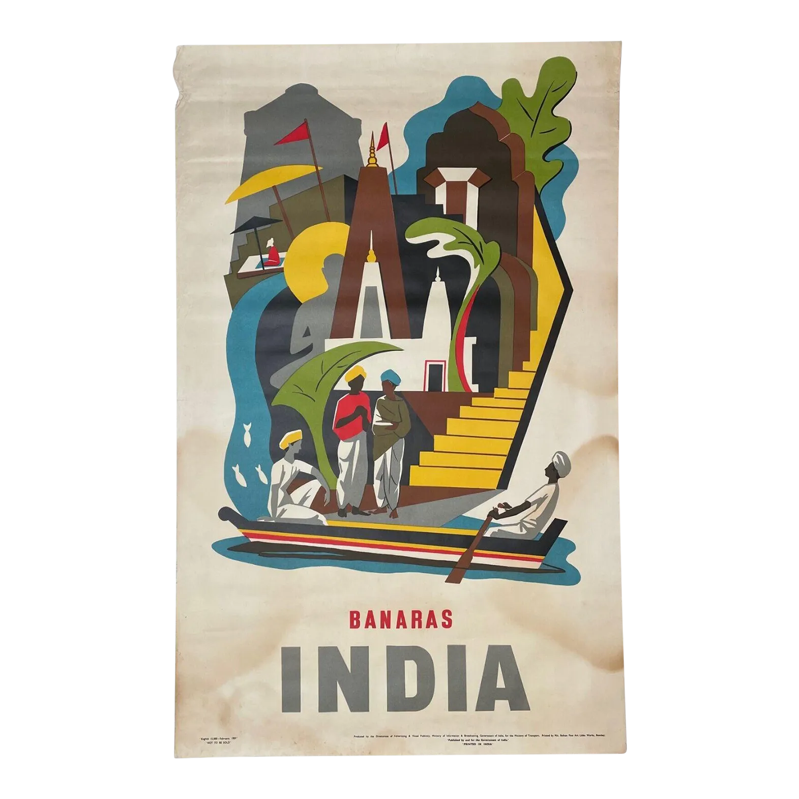 Rare Original 1957 Banaras Varanasi India Ganges Travel Color Poster ...