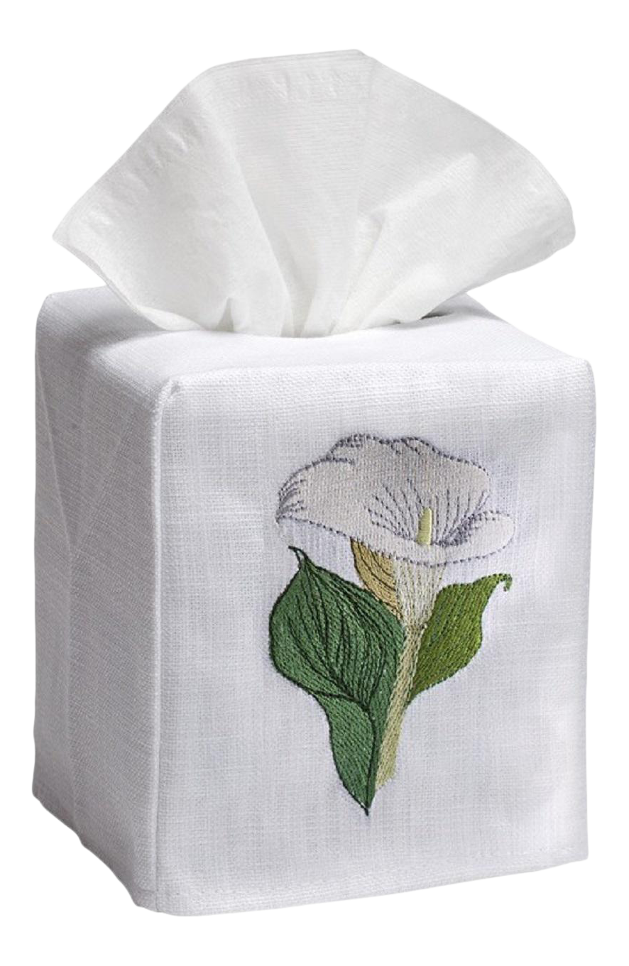 Calla Lily Tissue Box Cover in White Linen & Cotton, Embroidered | Chairish
