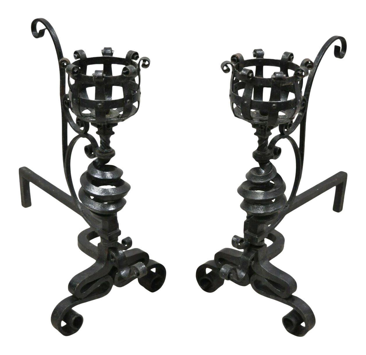 Arts & Crafts Gothic Cast Iron Spiral Scrollwork Fireplace Andirons - a ...
