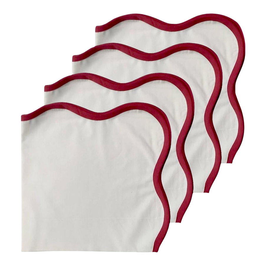 Handmade Scalloped Napkins, White with Red Piping - Set of 4 | Chairish