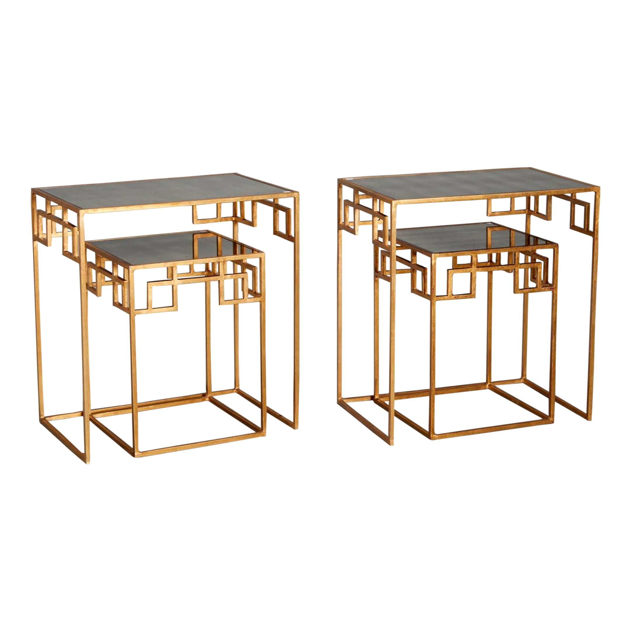 Pair Contemporary Gilt and Mirrored Glass Nesting Tables With Greek Key ...