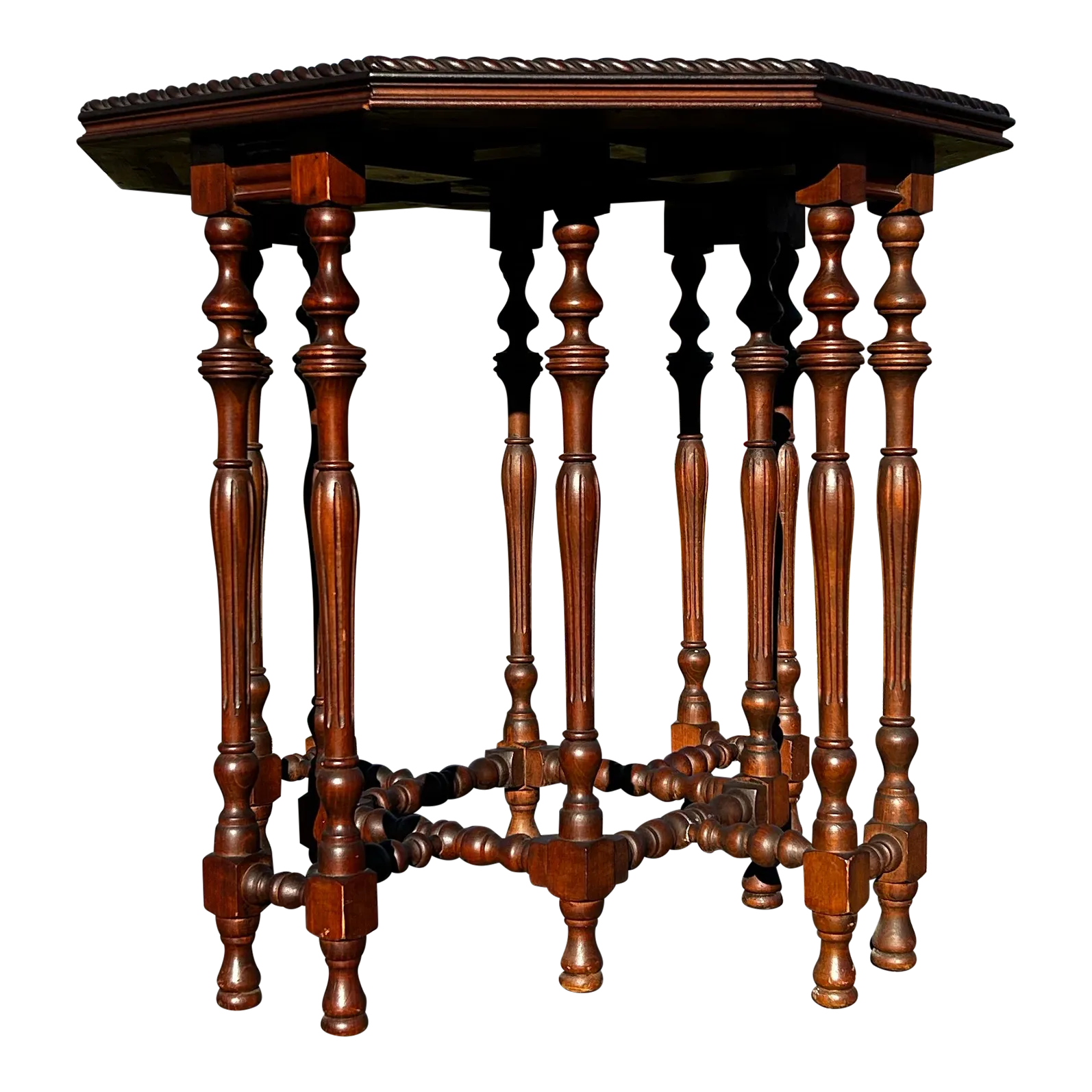 Antique 1920’s Jacobean Style Octagon Walnut Banded Inlay Sunburst Side ...