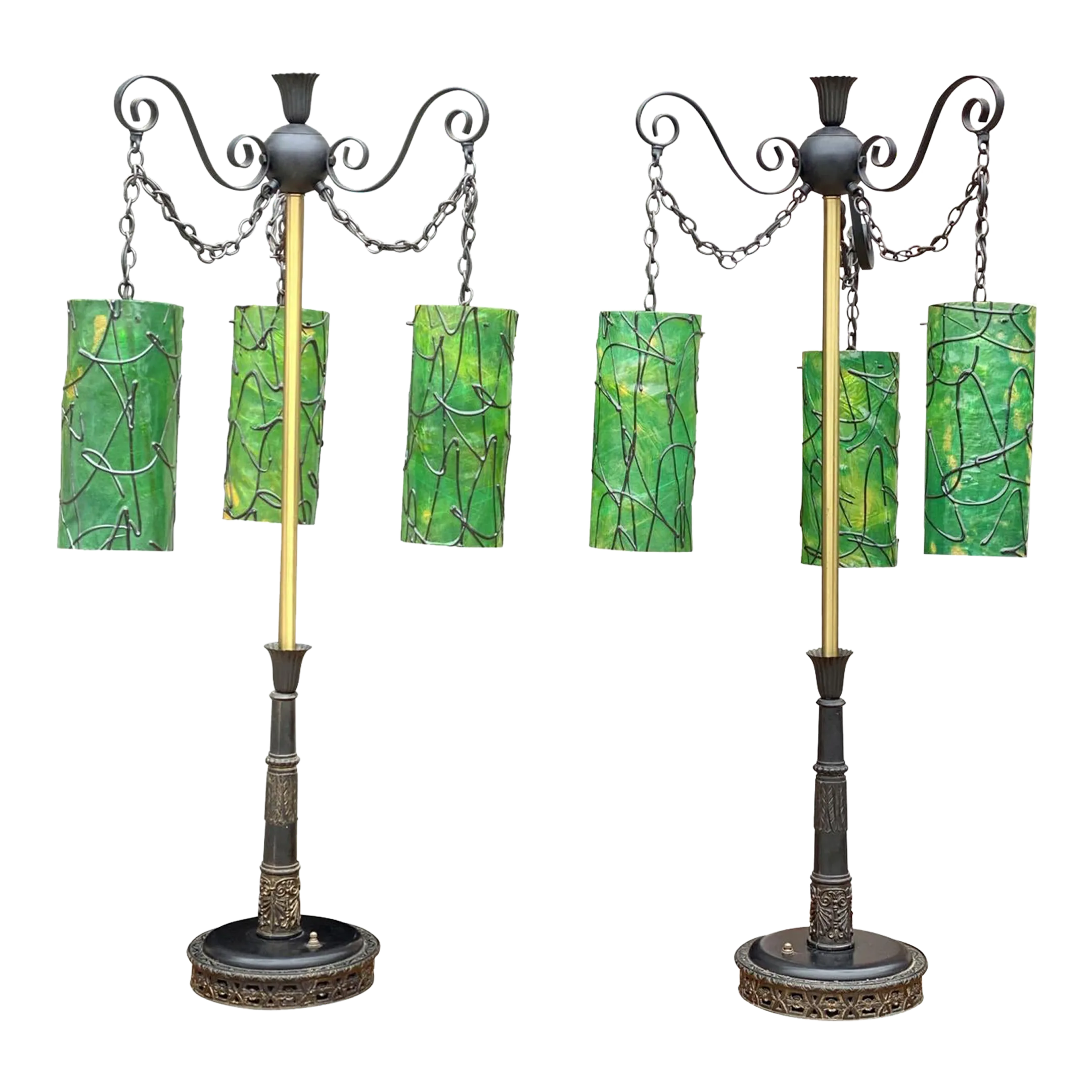 Mid-Century Spanish Gothic Wrought Iron Green Shade Table Lamp - a Pair ...